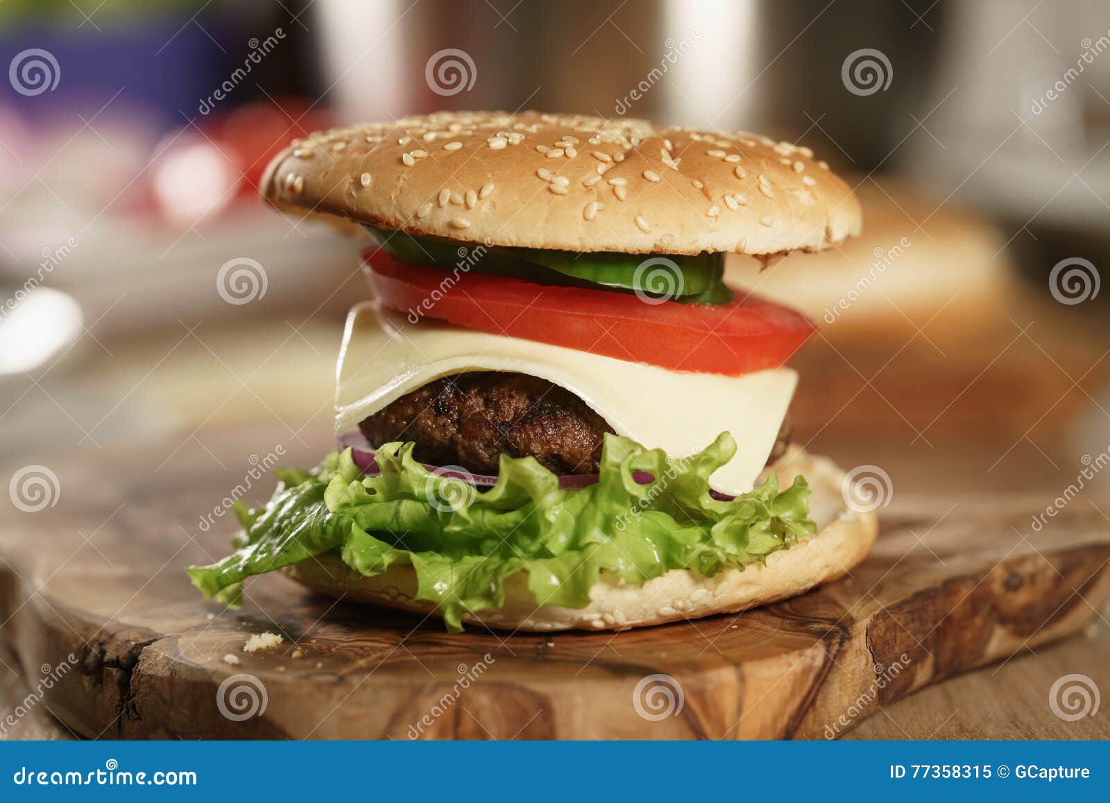 Fun Made Fresh Burger with Marble Beef, Cheese and Vegetables on Olive ...