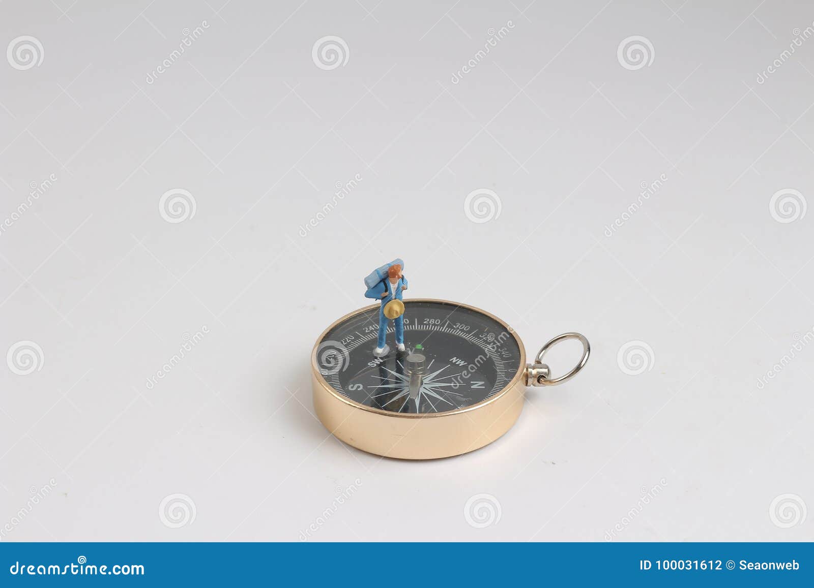 Fun of Min Figure Standing on Compass Stock Photo - Image of backpacker ...