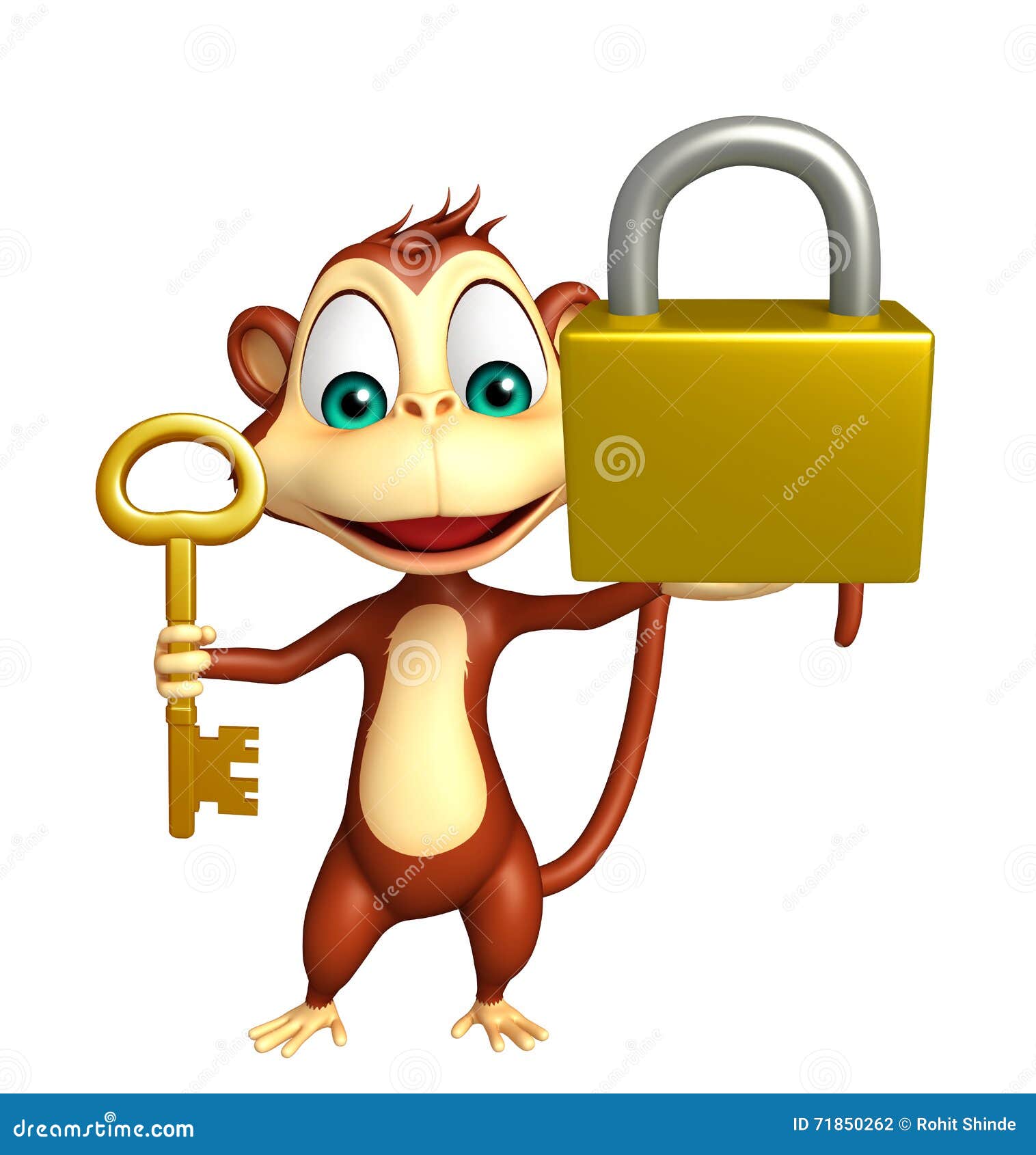 Fun Monkey Cartoon Character with Key and Lock Stock Illustration ...