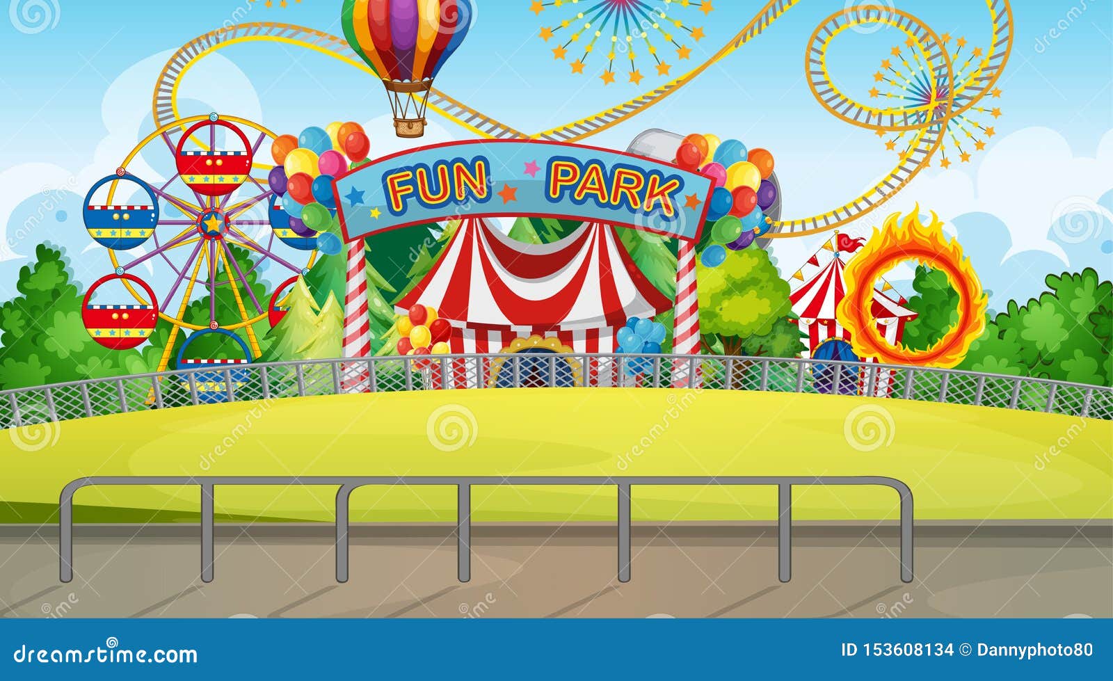 Fun Park with Ferris Wheel and Rollacoaster Stock Vector - Illustration ...