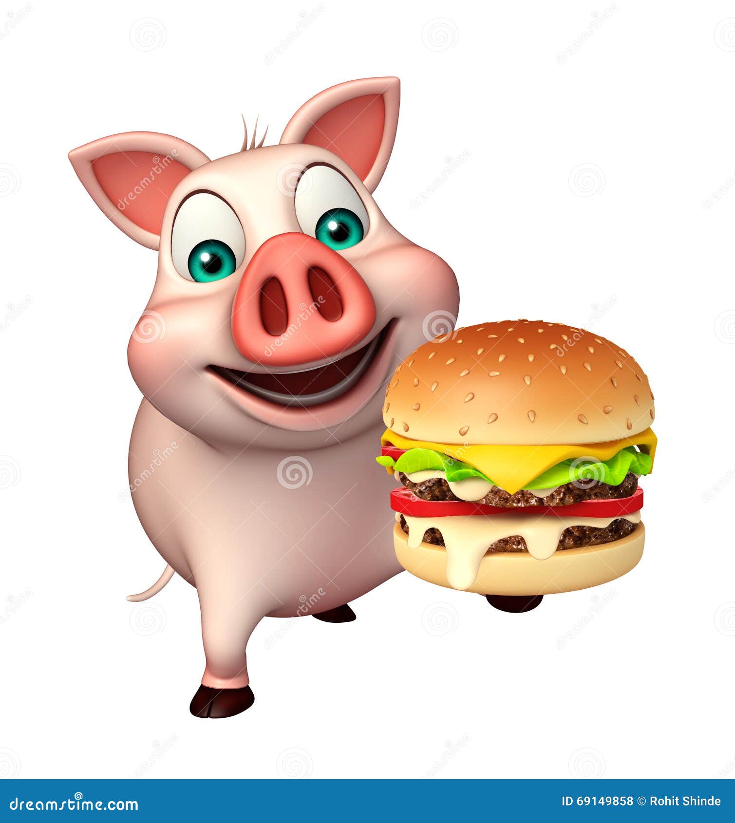 Fun Pig Cartoon Character with Bueger Stock Illustration - Illustration ...