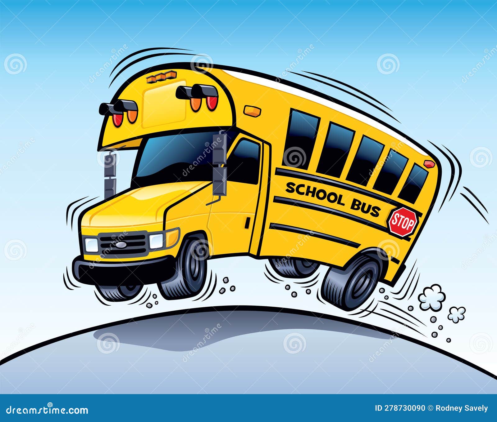 Fun School Bus Speeding Down the Road and in the Air Stock Illustration ...