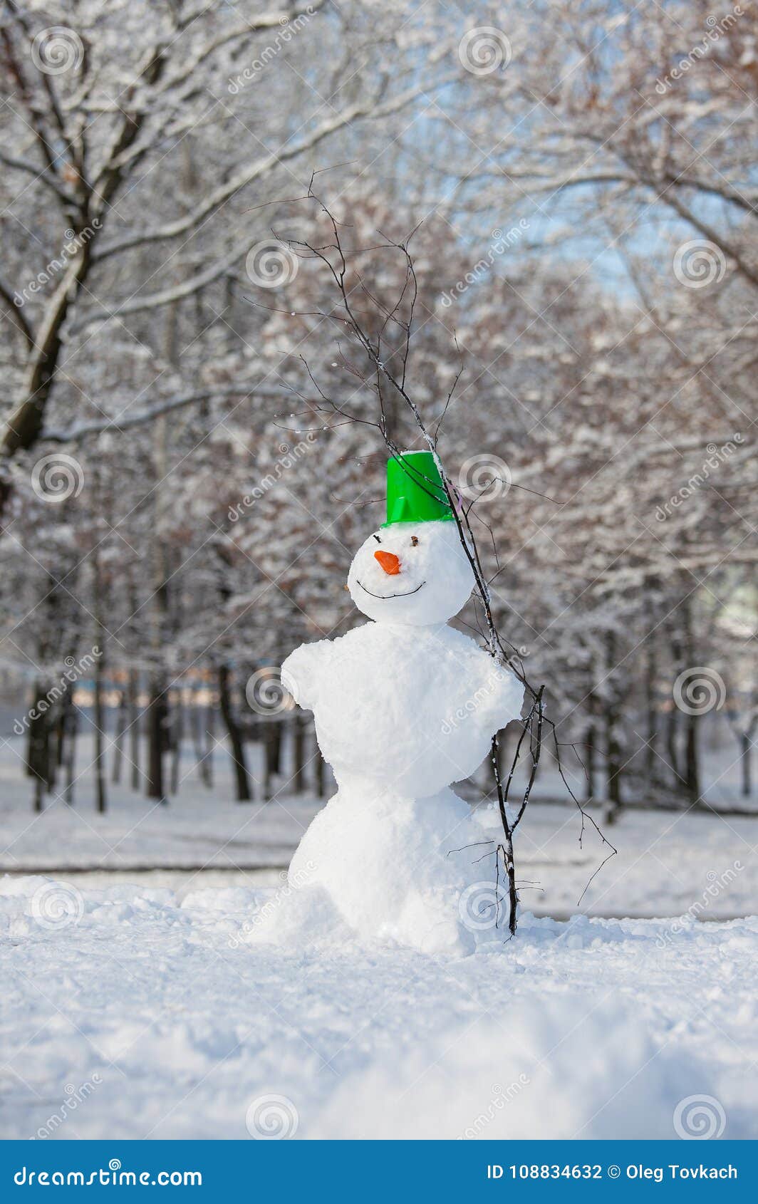 Fun snowman in park. stock photo. Image of clothing - 108834632