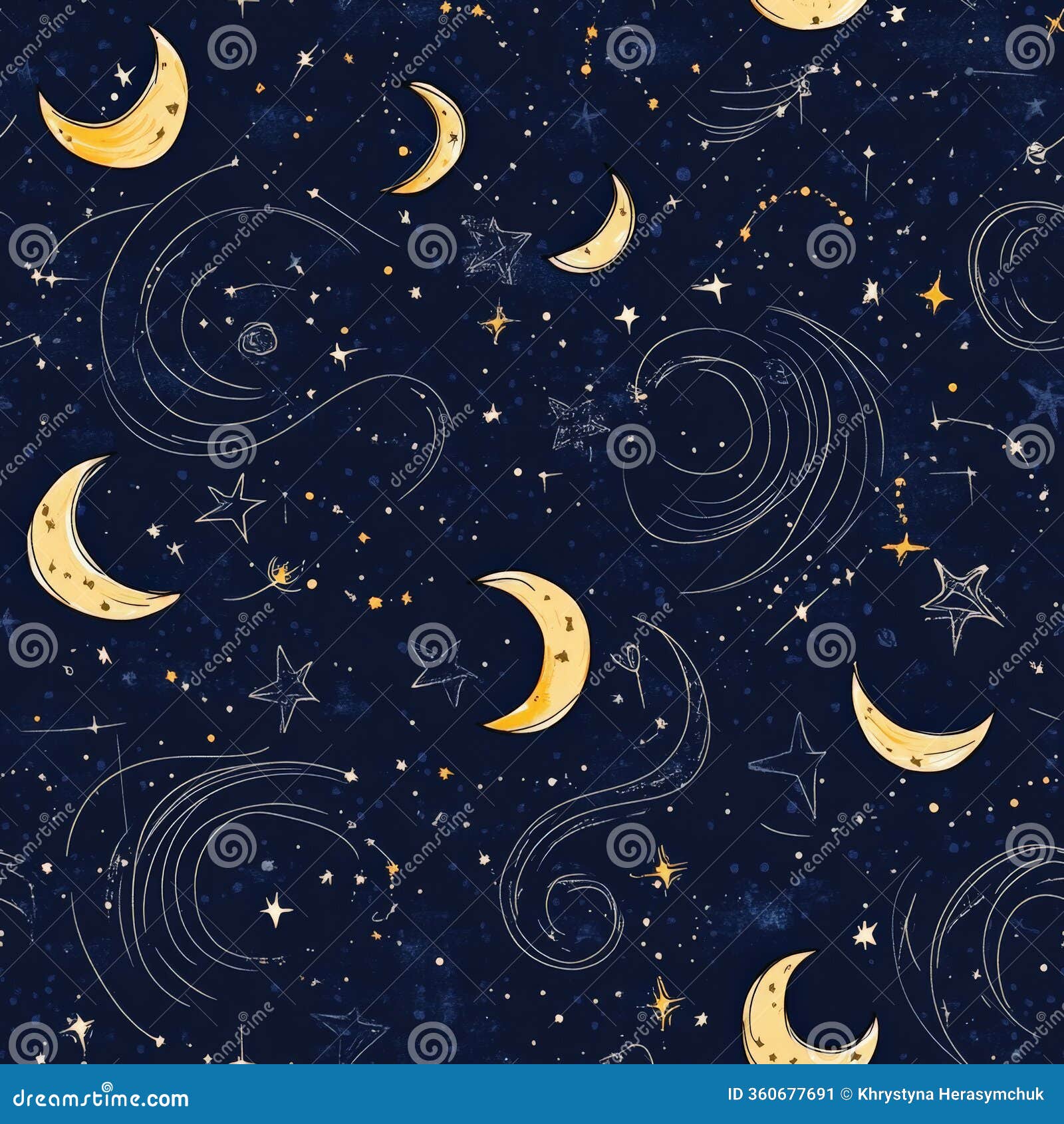 A Fun Starry Night Pattern with Sketchy Crescent Moons, Constellations ...
