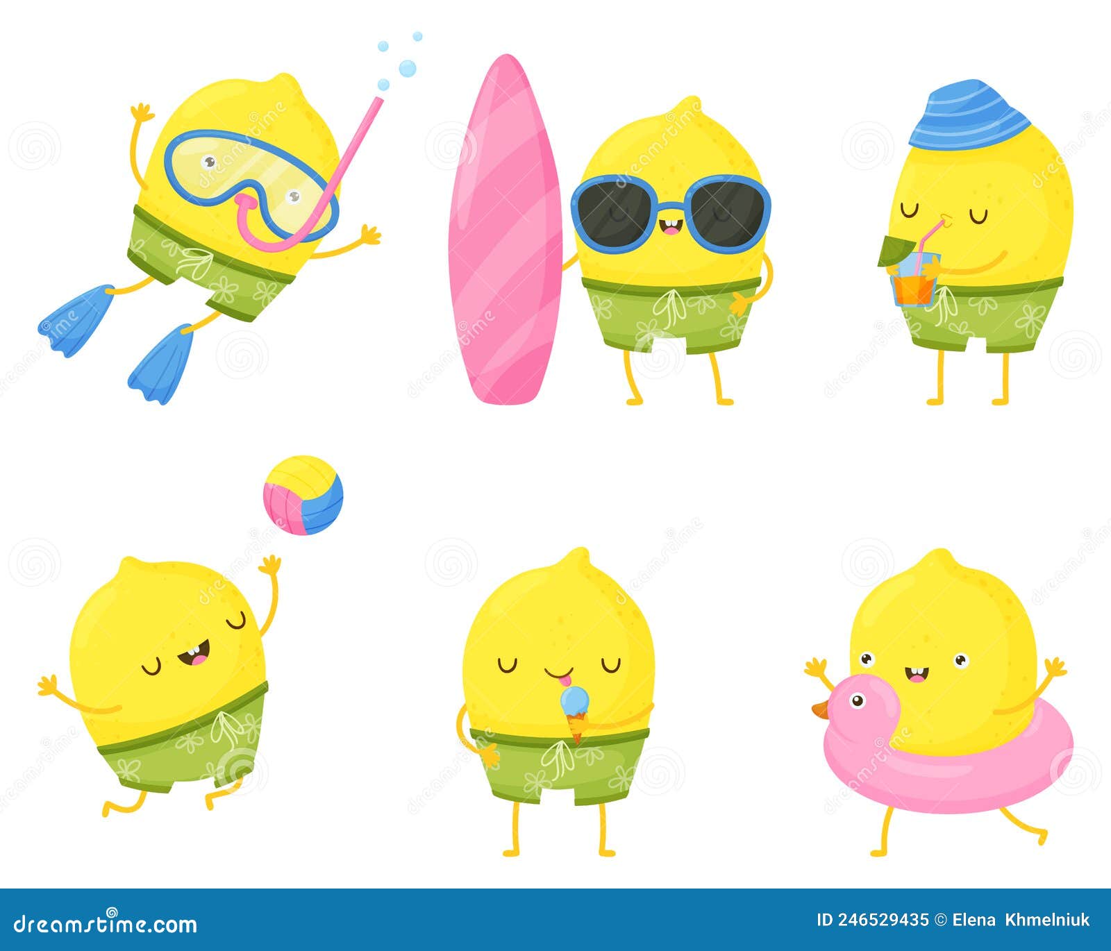 Fun Summer Elements. Cute Lemons are Having Fun. Illustrations of ...