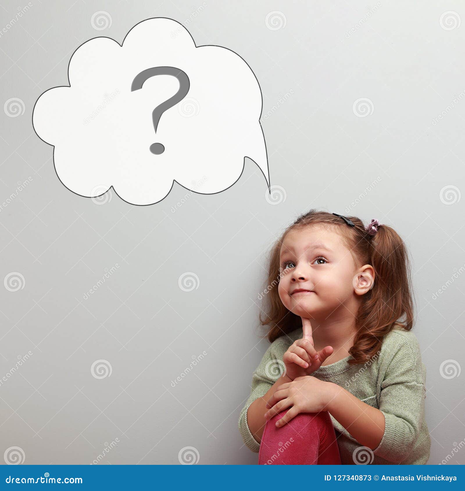 Fun Thinking Kid Looking Up on Idea Cloud Bubble with Question S Stock ...