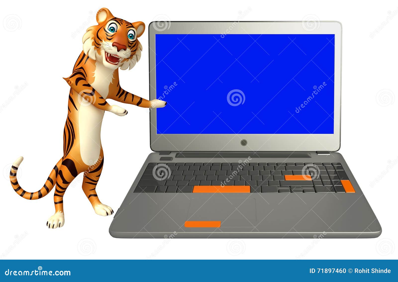Fun Tiger Cartoon Character with Laptop Stock Illustration ...