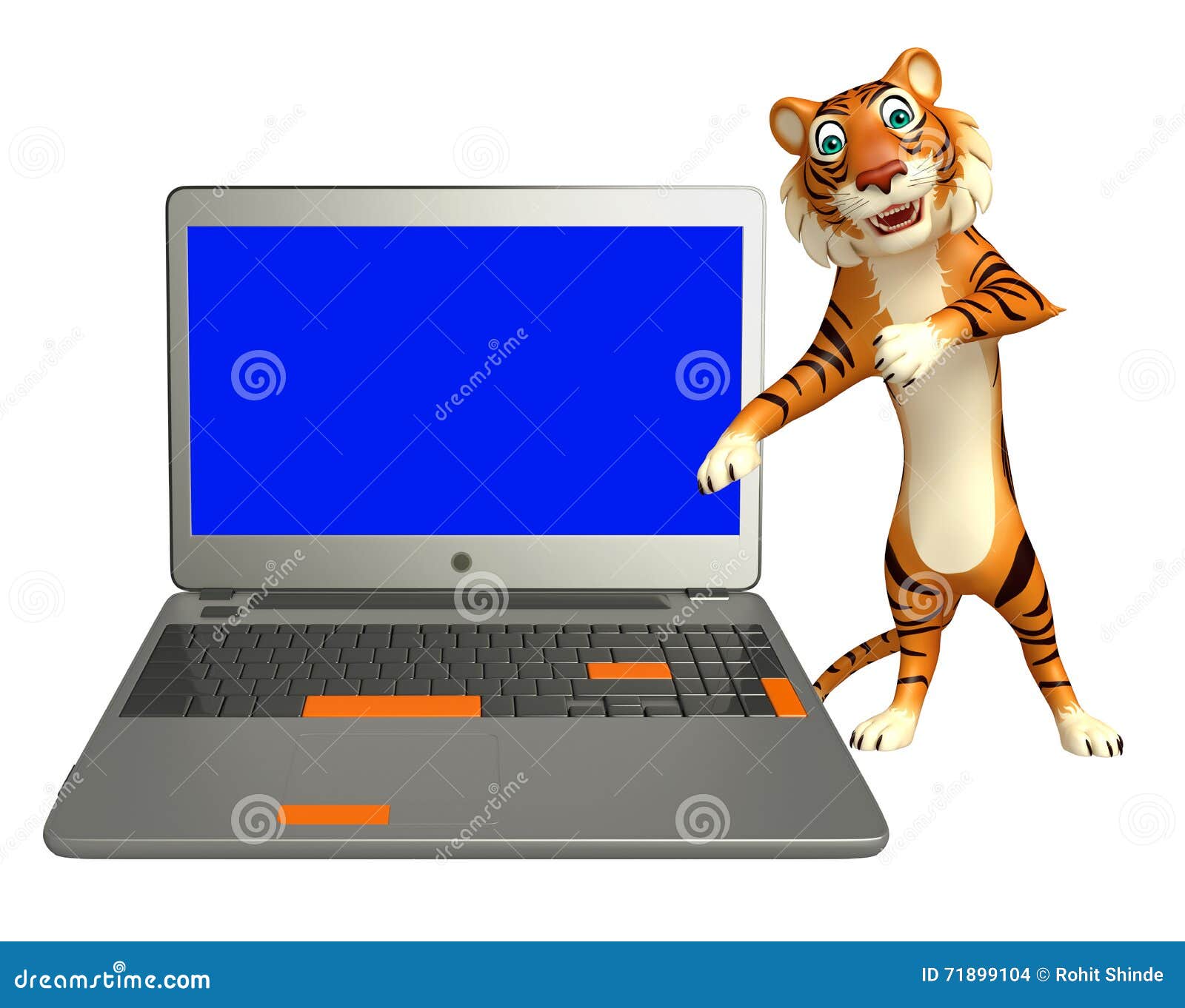Fun Tiger Cartoon Character with Laptop Stock Illustration ...