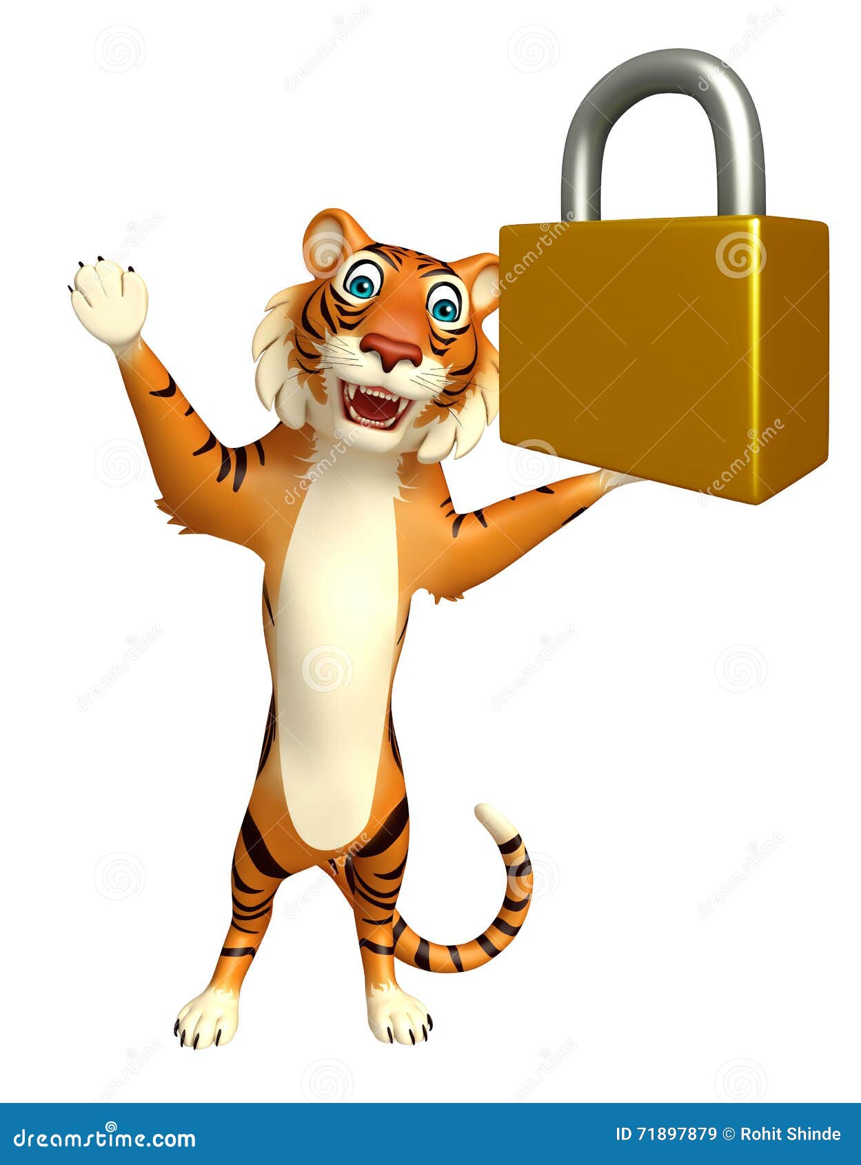 Fun Tiger Cartoon Character with Lock Stock Illustration - Illustration ...