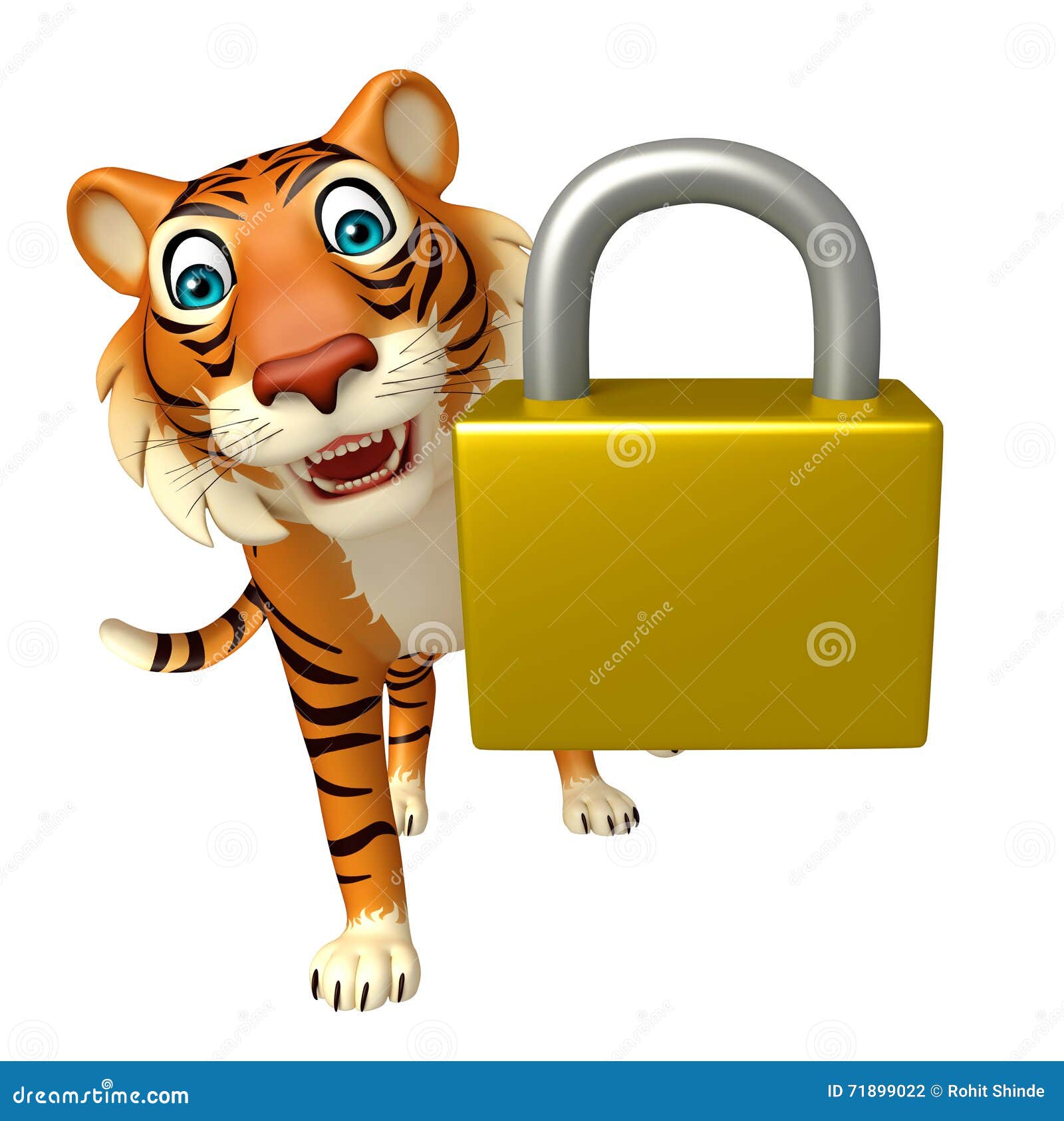 Fun Tiger Cartoon Character with Lock Stock Illustration - Illustration ...