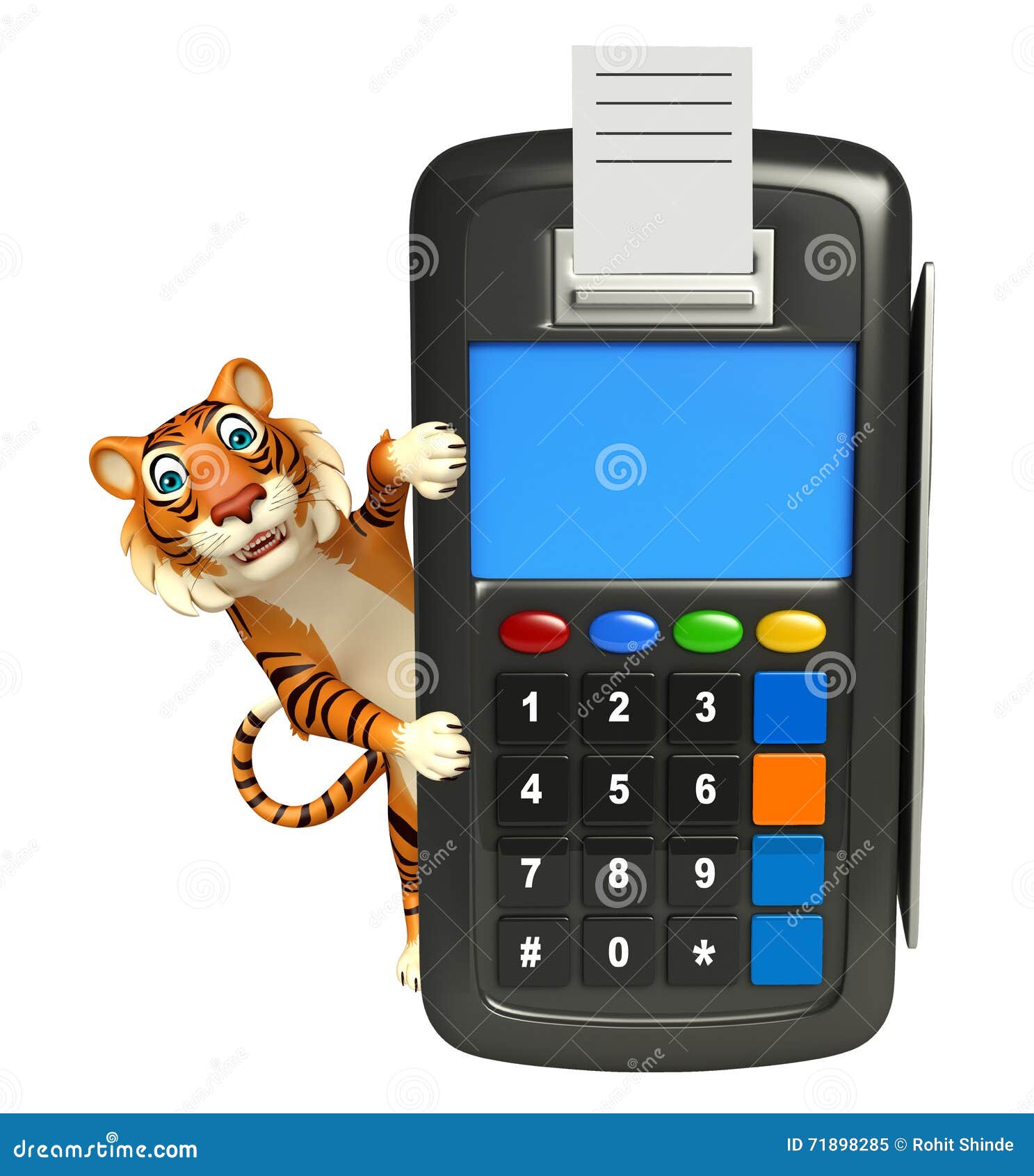 Fun Tiger Cartoon Character with Swipe Machine Stock Illustration ...