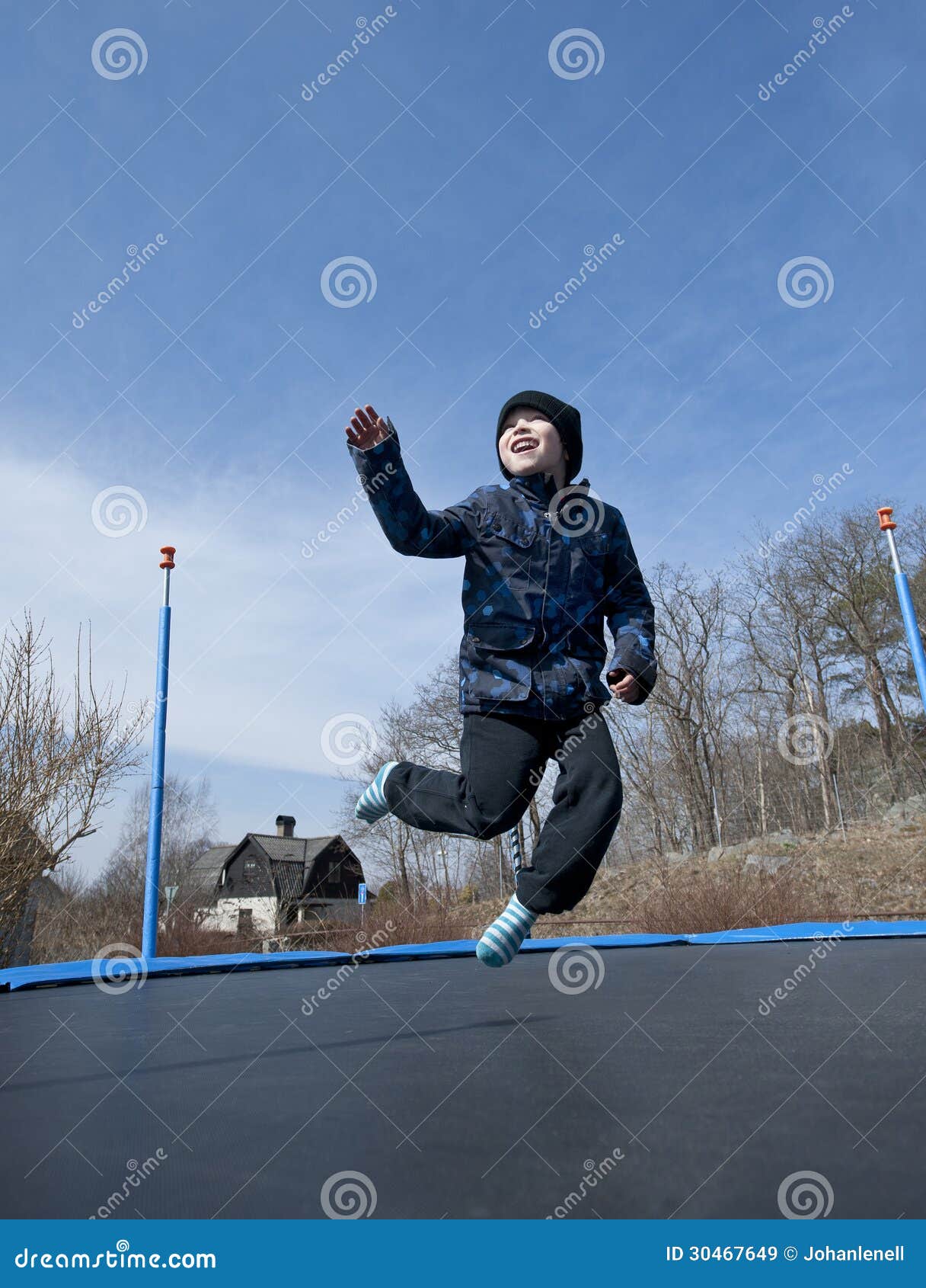 Fun on Trampoline at Springtime Stock Image - Image of backyard ...