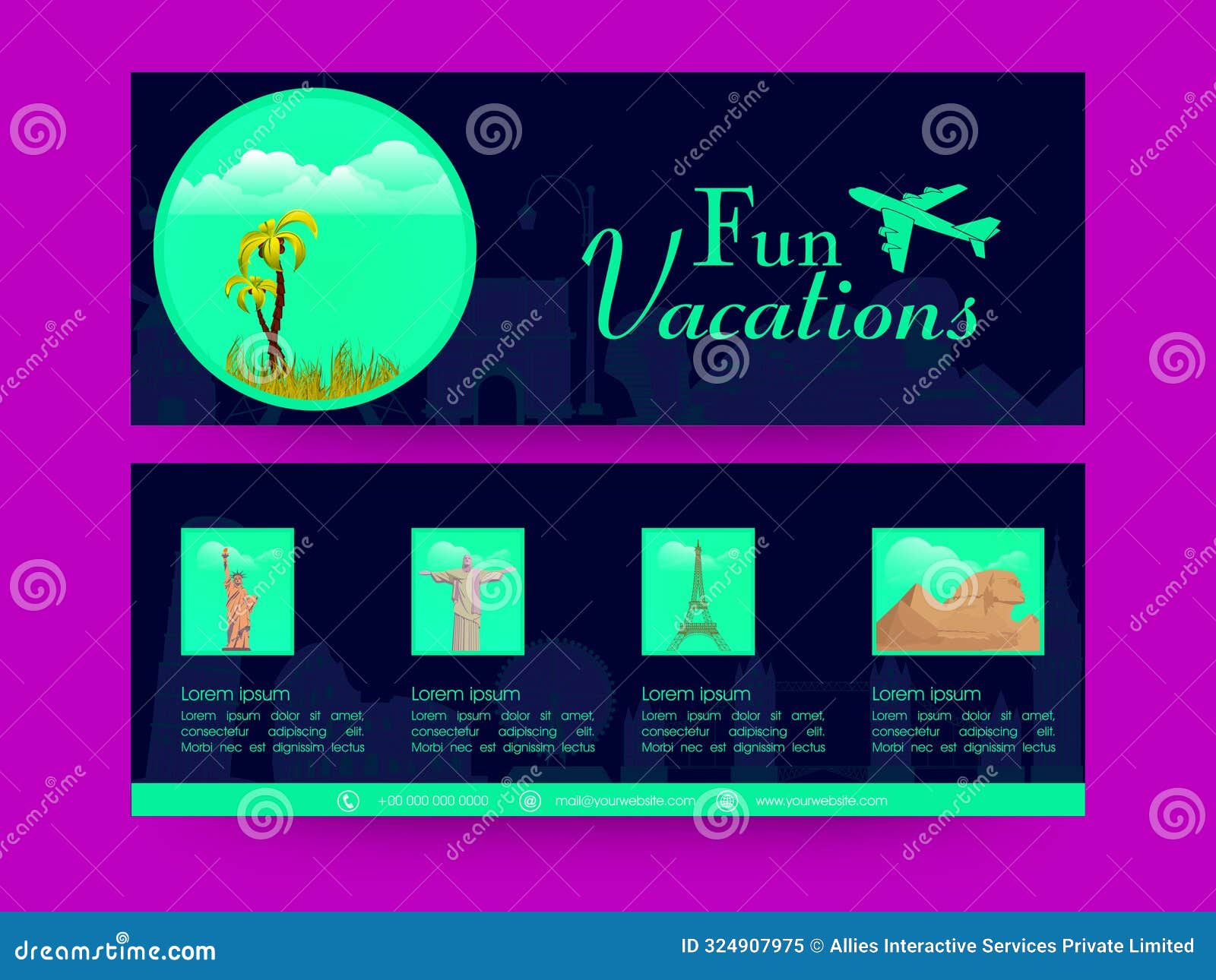 Fun Vacations Banner or Header Design with World S Famous Landmarks in ...