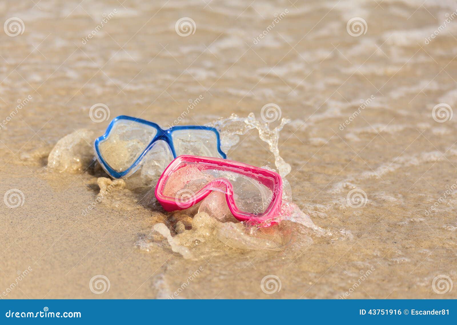 Fun Water Activity. Two Diving Masks at the Beach Splashed by Wa Stock ...