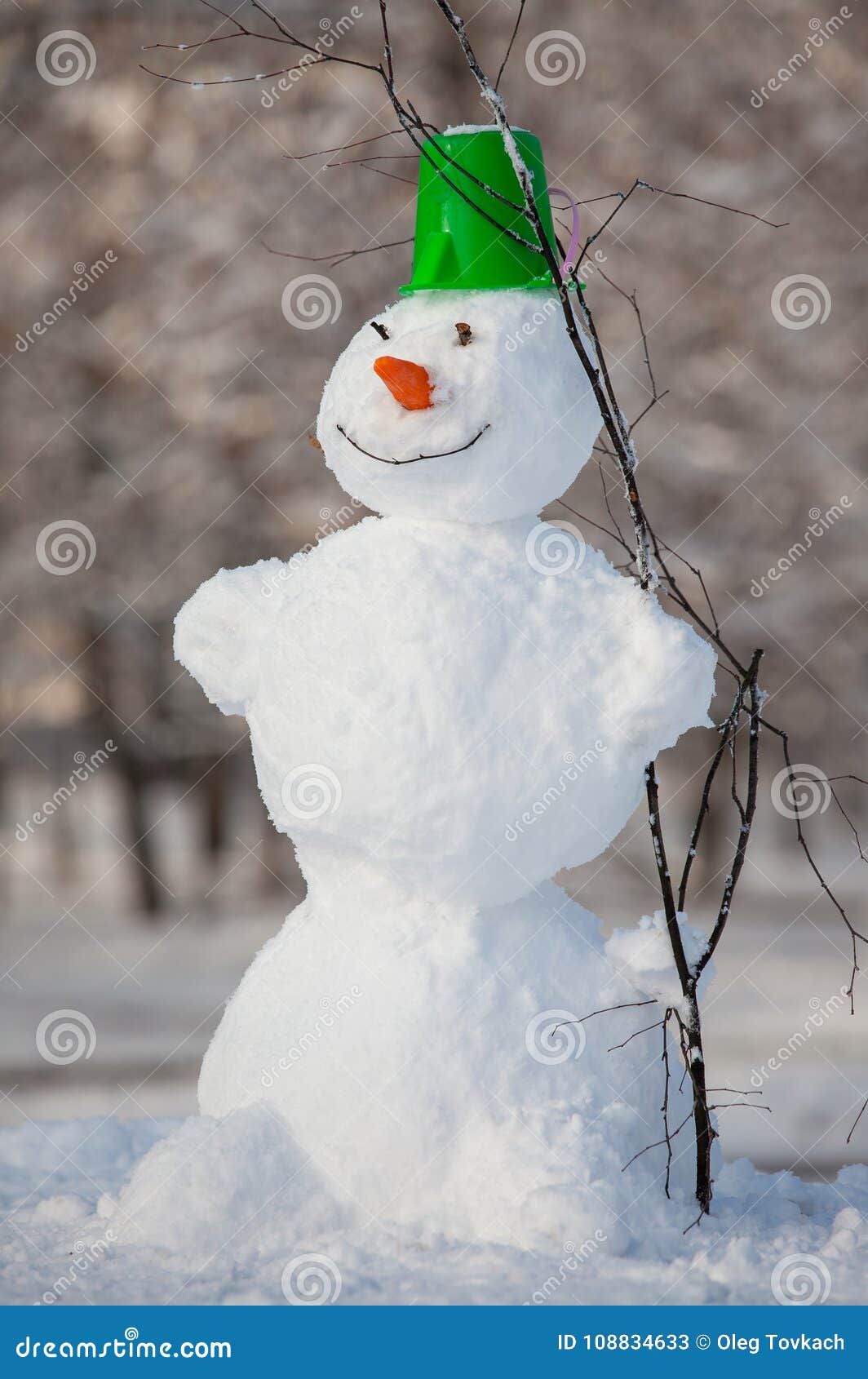 Fun snowman in park. stock image. Image of close, nature - 108834633