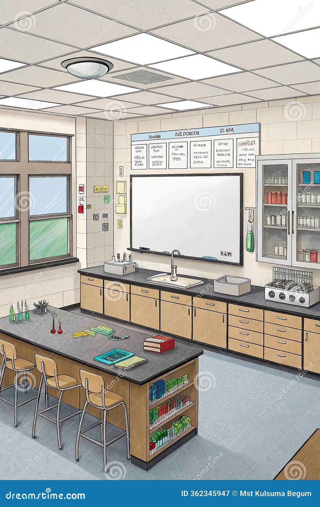 Functional Classroom Layout with Lab Stations, Safety Equipment, and Organized Storage Stock ...