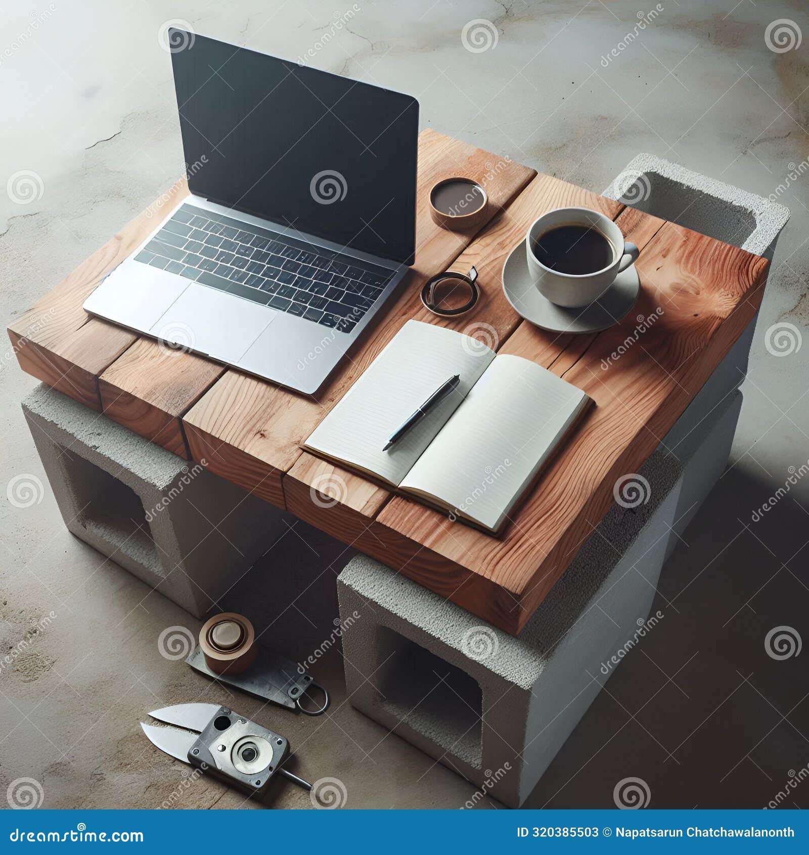 Functional Factory Work Desk with Computer and Essentials. Stock ...