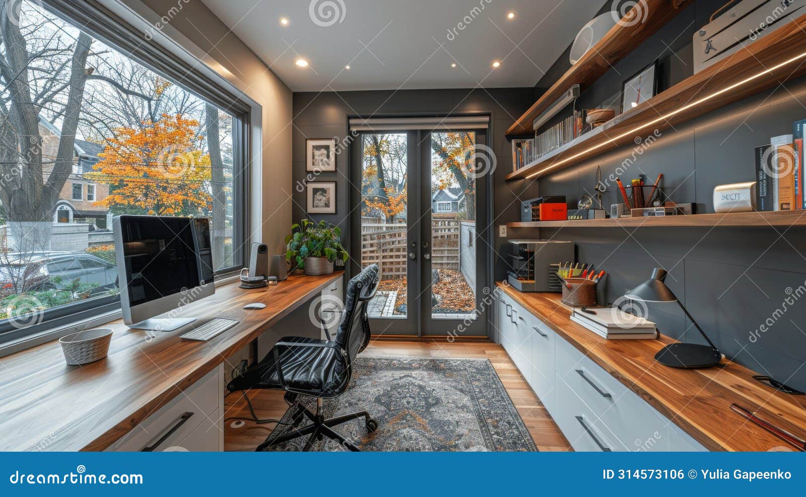 Functional Home Office with Desk and Large Window Stock Photo - Image ...