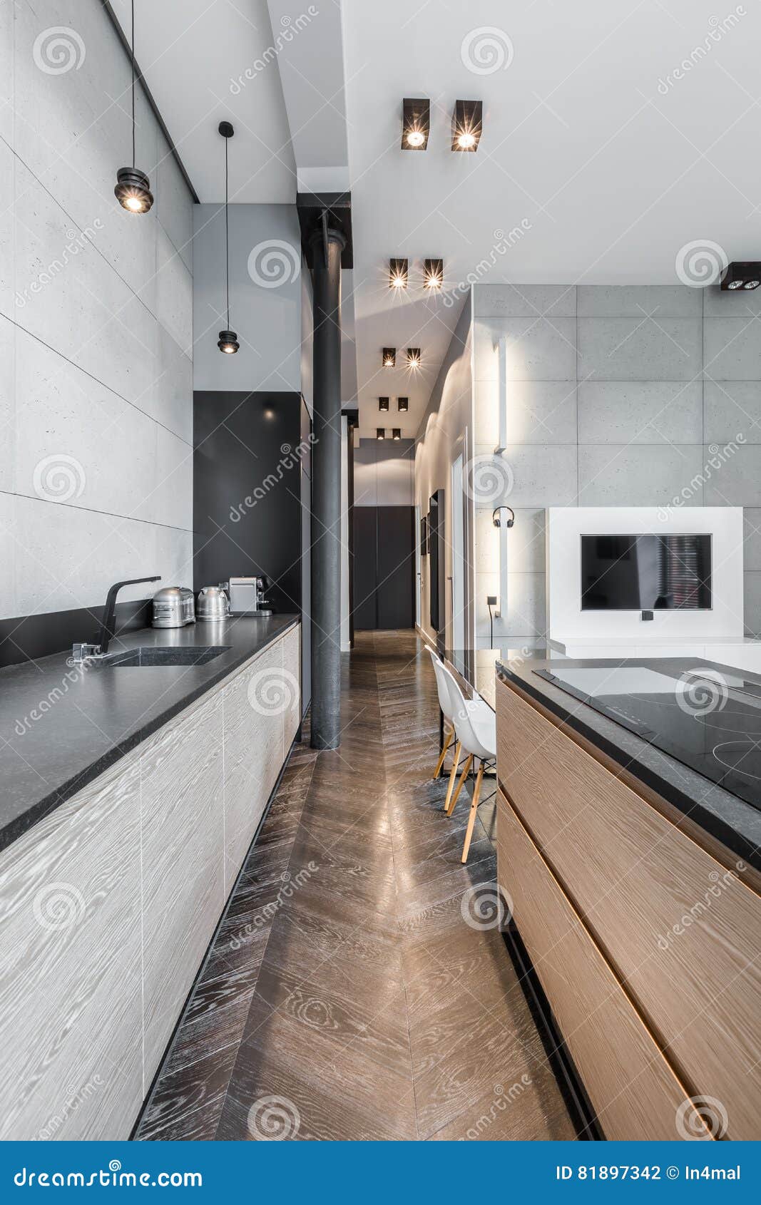 Functional Kitchen with Long Worktop Stock Photo - Image of flooring ...