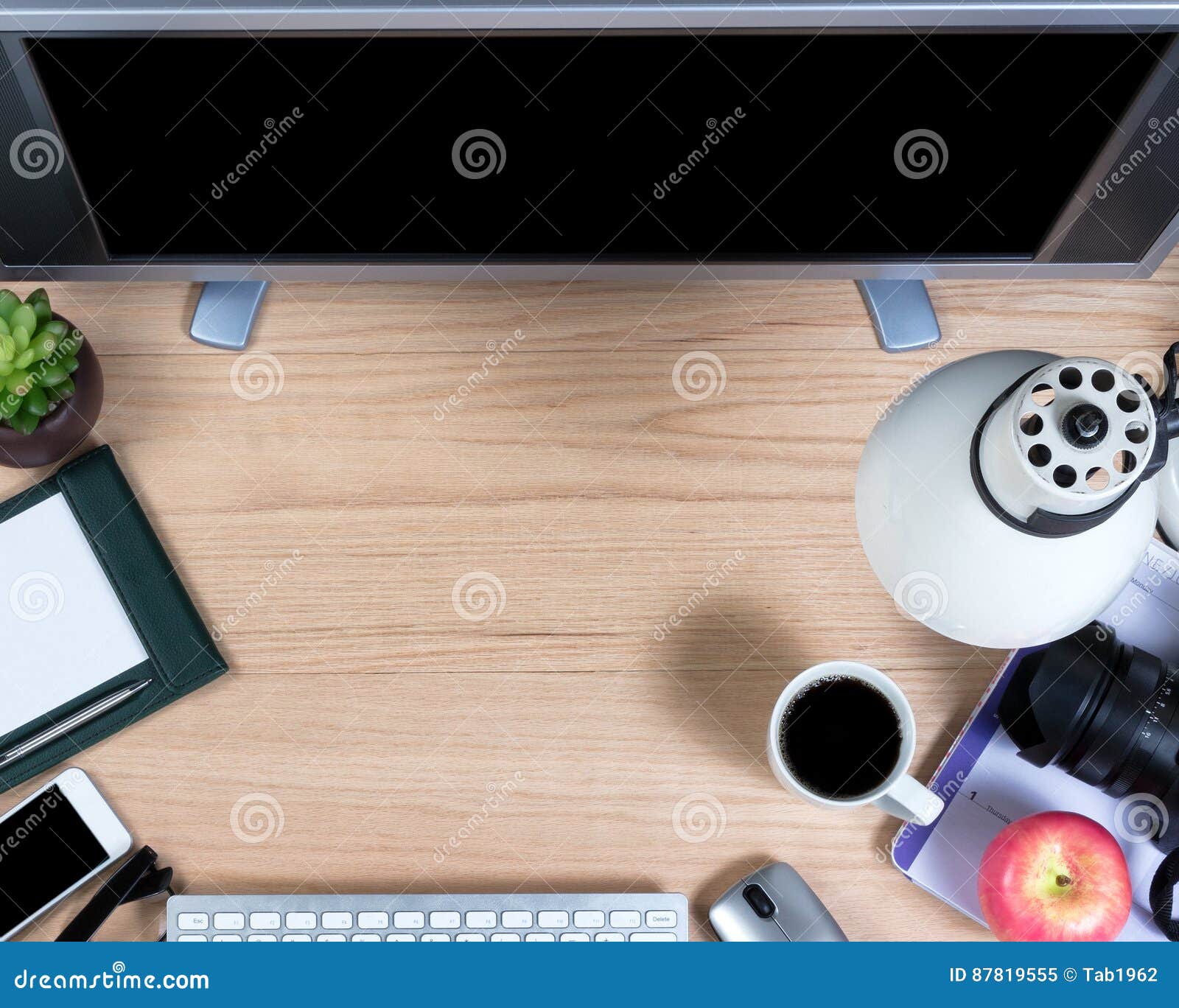 Functional Office Desktop in Overhead View on Oak Wood Stock Image ...