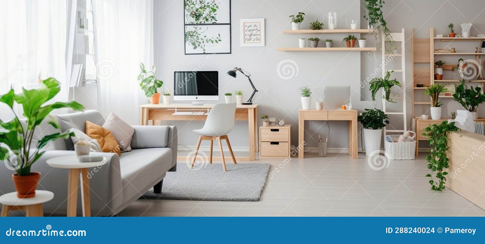 Functional Simplicity. White Interior with Grey Sofa, Wooden Details ...