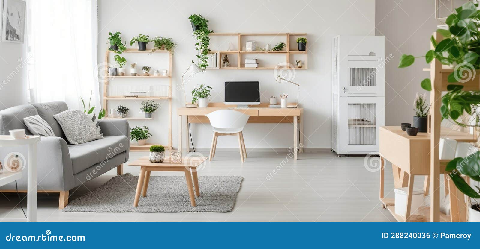 Functional Simplicity. White Interior with Grey Sofa, Wooden Details ...