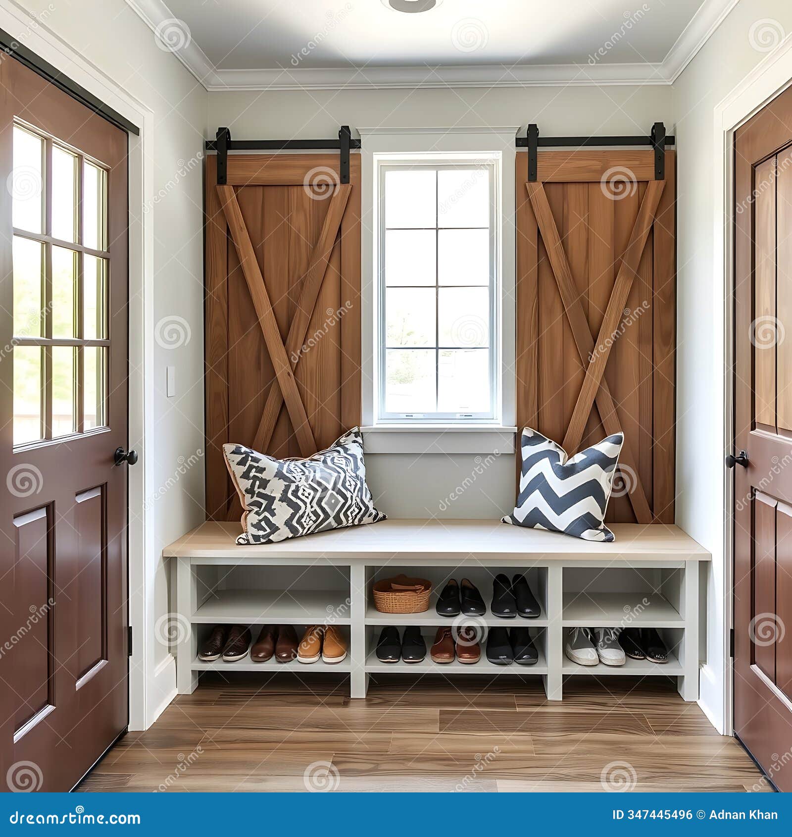 Functional and Stylish Mudroom with Sliding Barn Doors for Cabinets and ...