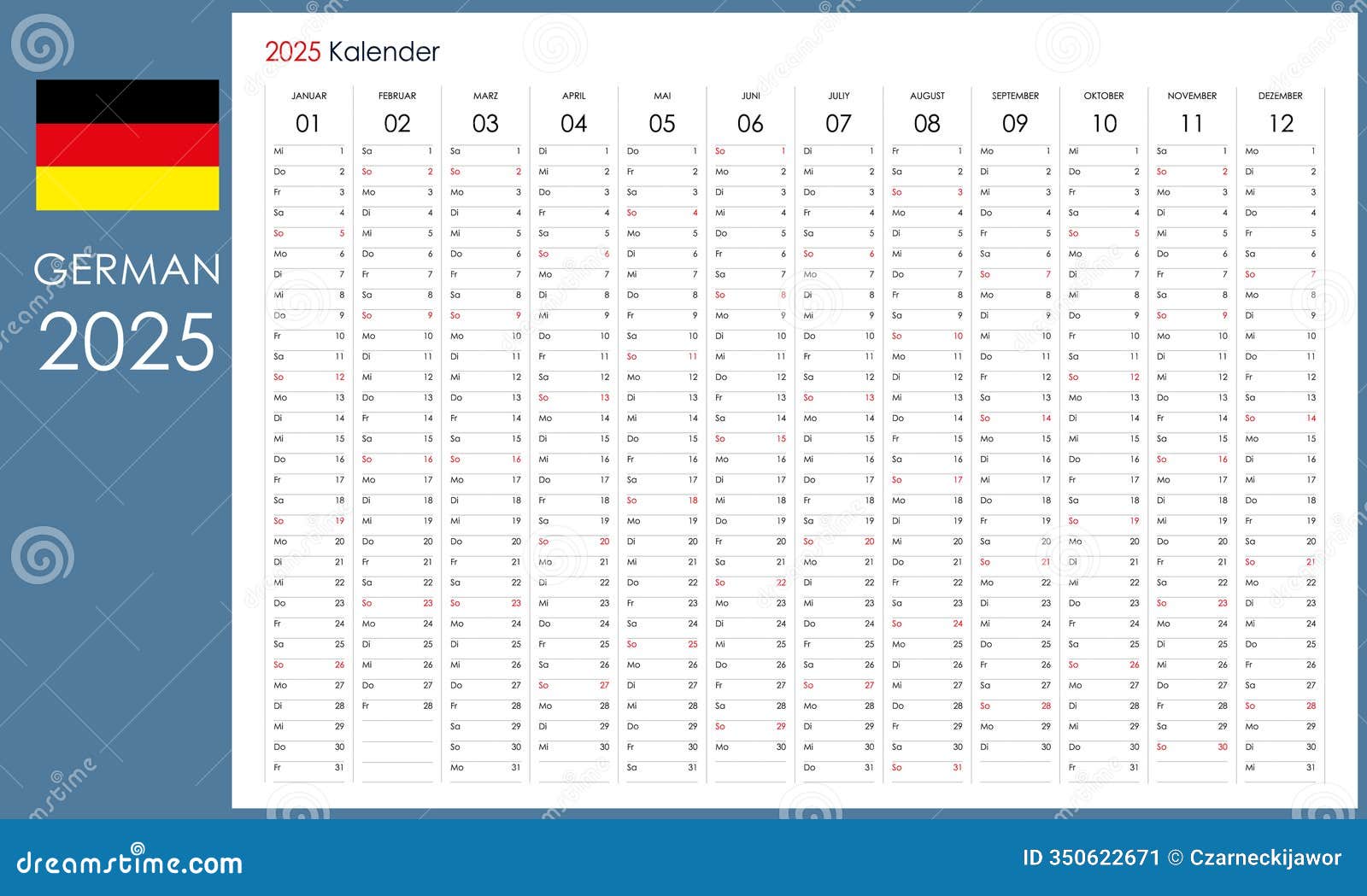 GERMAN Annual Calendar For 2026 Year. Vector Illustration Germany ...