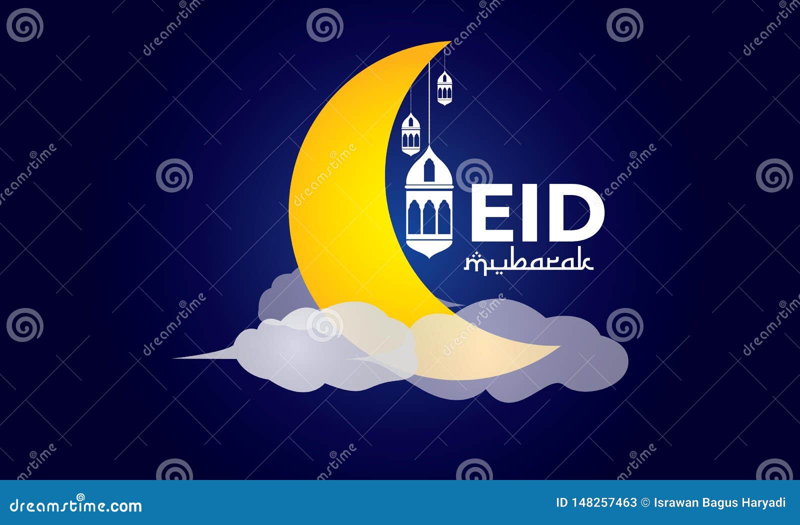 Fundo Eid Mubarak Uma Lua Crescente E Luzes Da Lanterna Ilustração do ...