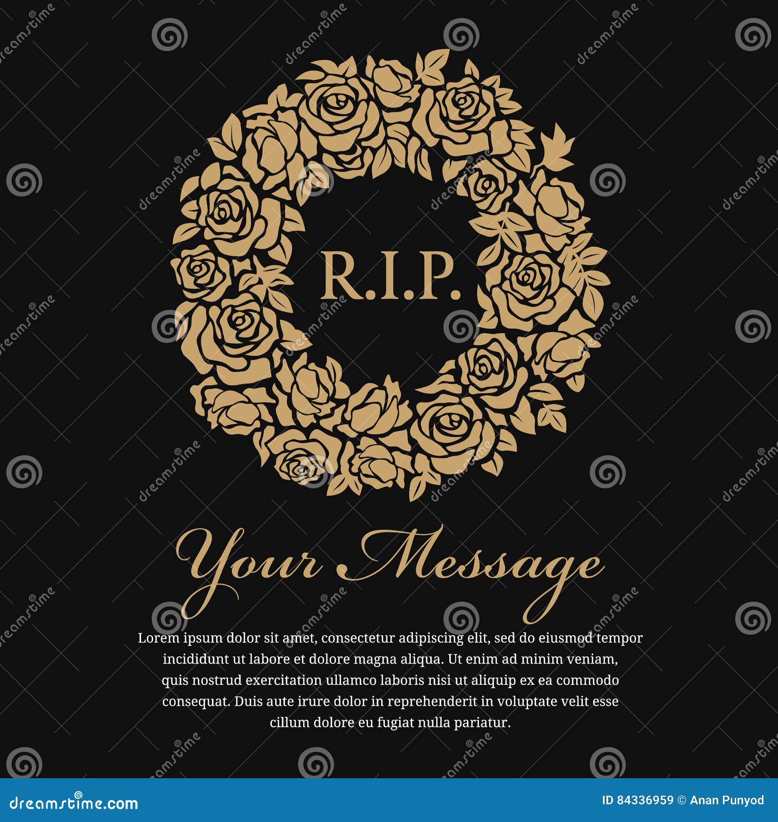 Funeral Card - R.I.P. Text In Circle Gold Wreath Rose Vector Design ...