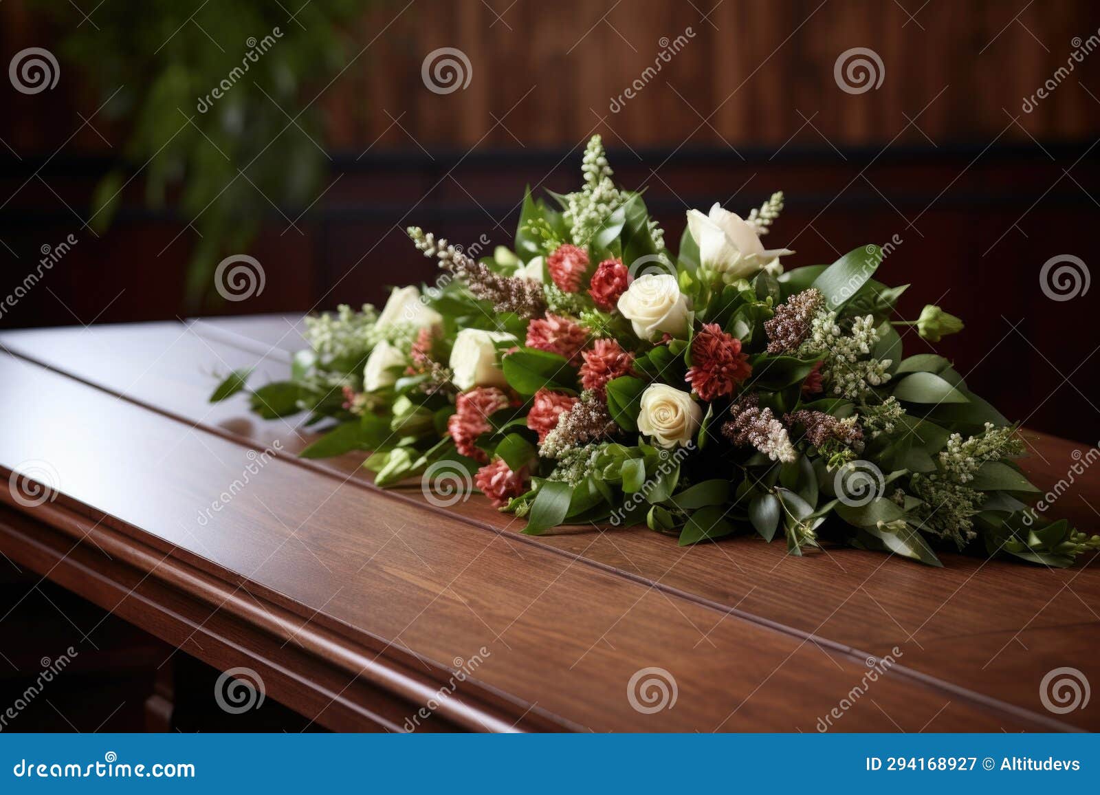 Funeral Flower Arrangement on a Wood-grain Table Stock Image - Image of ...