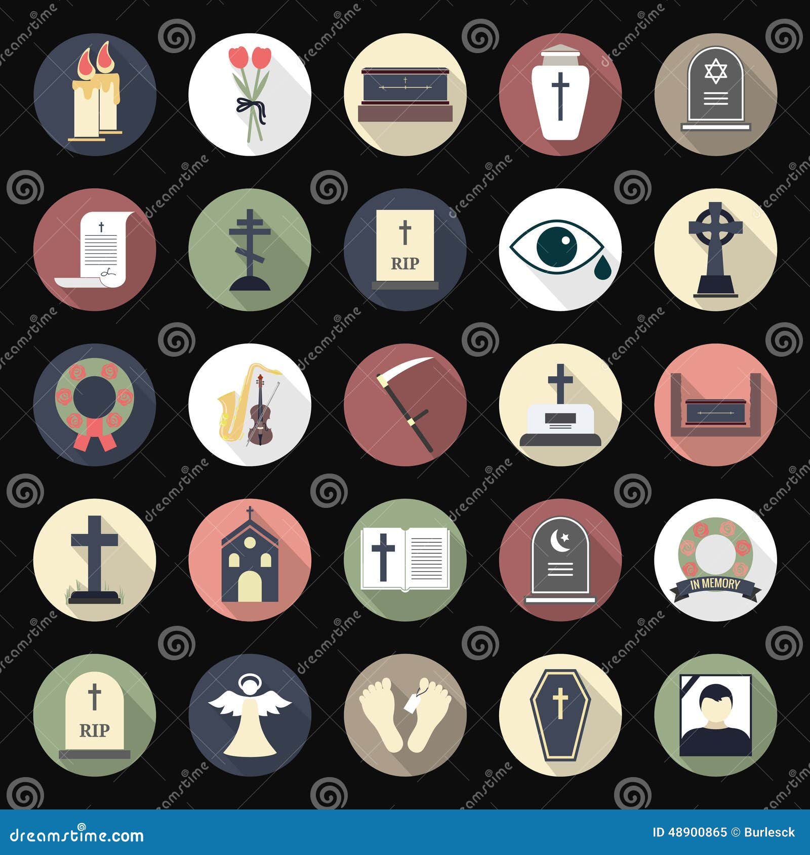 Funeral Icons in Flat Style on Colored Circles Stock Vector ...