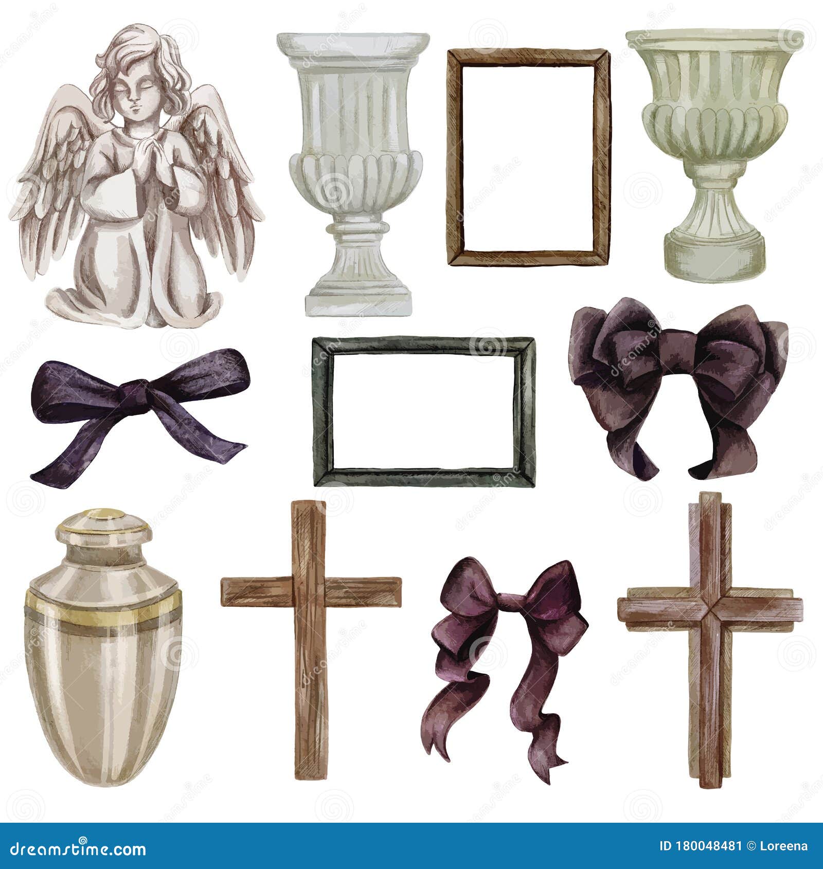 Funeral Objects Collection, Vases and Bows, Hand Drawn Vector Stock ...