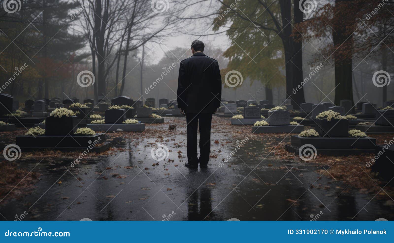Funeral Procession and Coffin in Graveyard at Rainy Evening. Neural ...