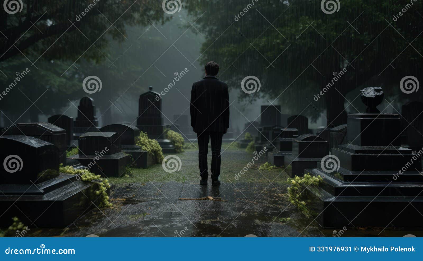 Funeral Procession and Coffin in Graveyard at Rainy Evening. Neural ...