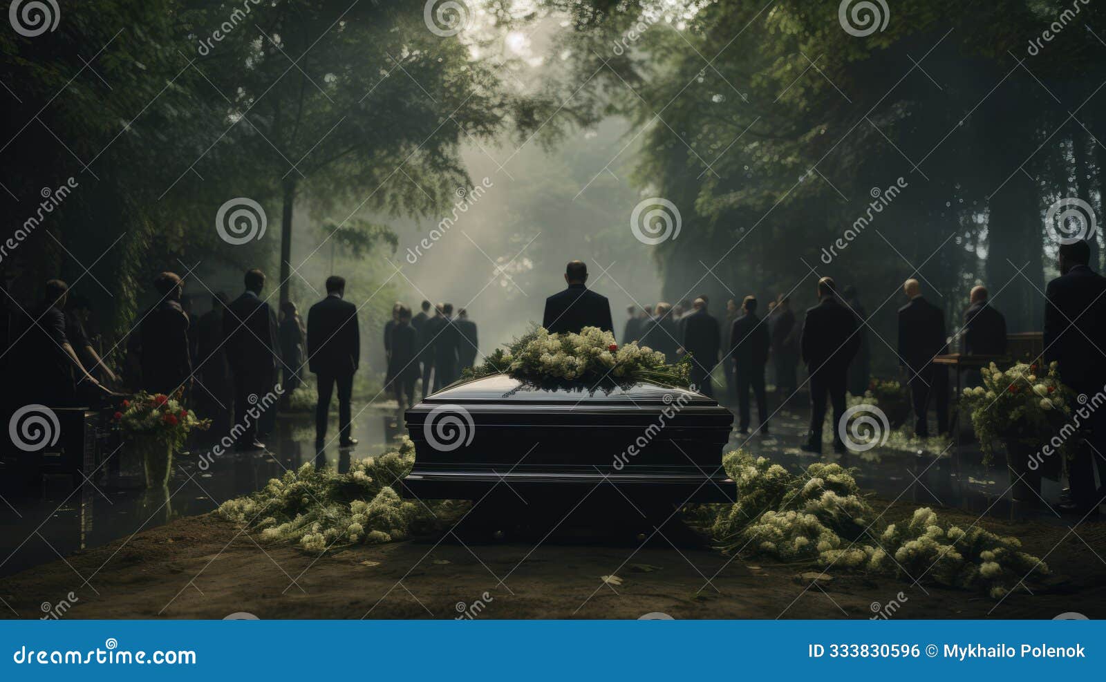 Funeral Procession and Coffin in Graveyard at Rainy Evening. Neural ...