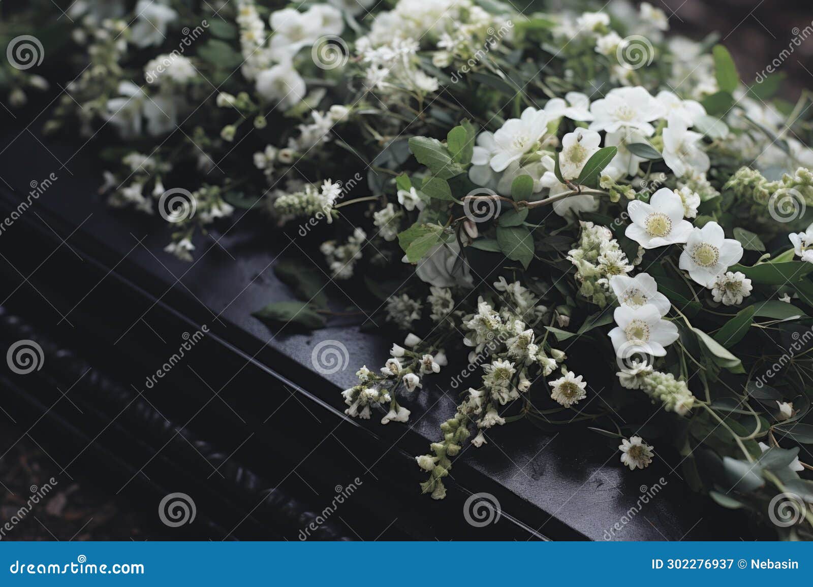 Funeral Scene: Black Casket Covered in White Blooms, Mourning Stock ...