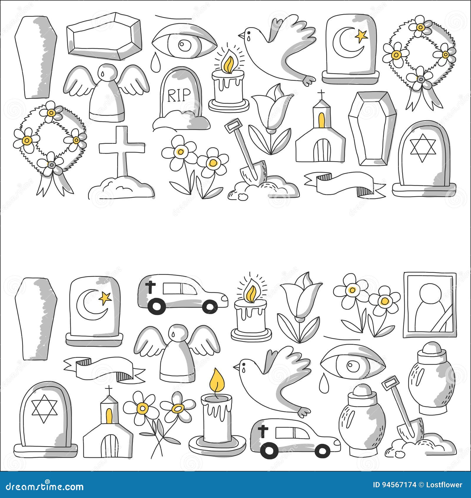Funeral Thin Line Icon. Set of Funeral Objects Doodle Vector Icons RIP ...