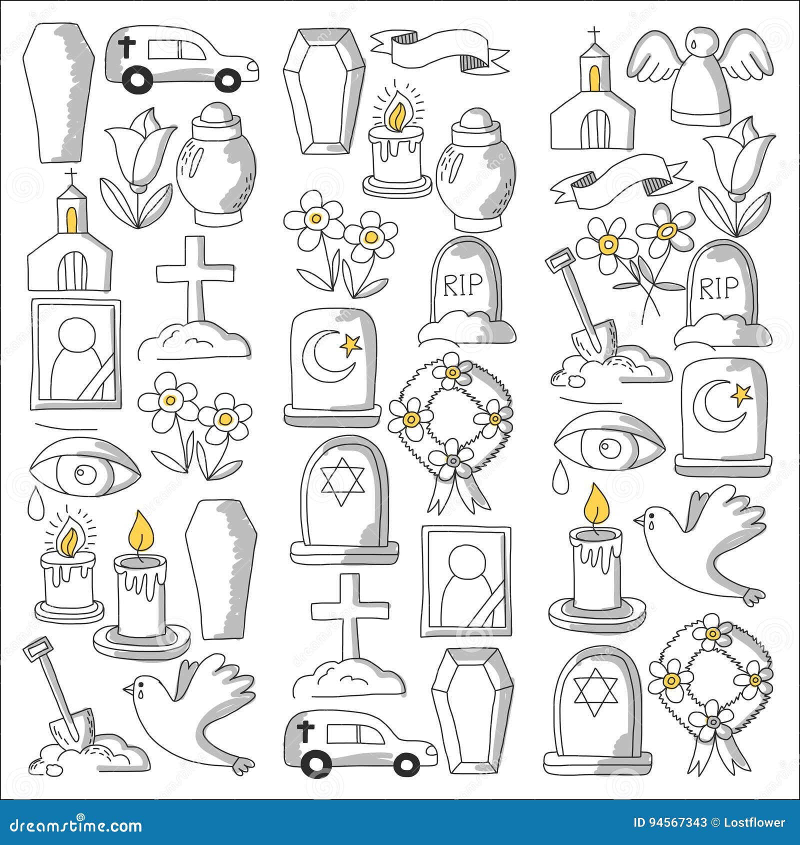 Funeral Thin Line Icon. Set of Funeral Objects Doodle Vector Icons RIP ...