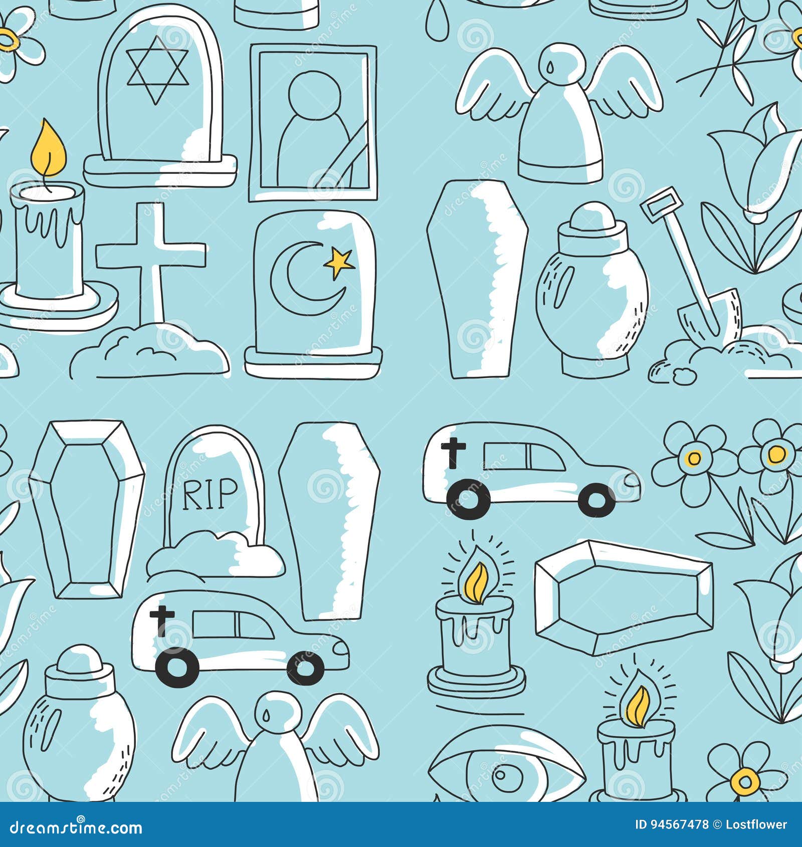Funeral Thin Line Icon. Set of Funeral Objects Doodle Vector Icons RIP ...