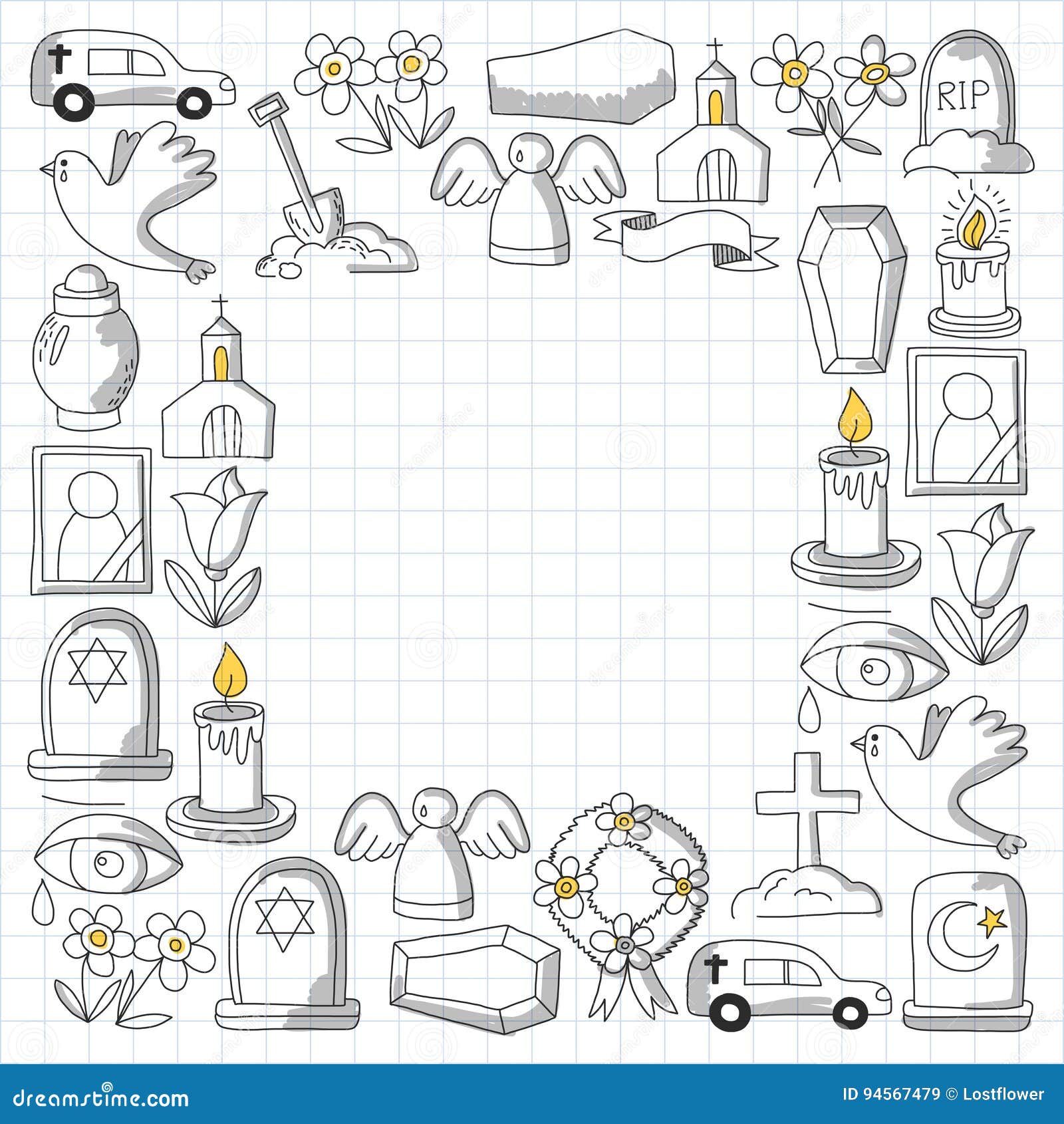 Funeral Thin Line Icon. Set of Funeral Objects Doodle Vector Icons RIP ...