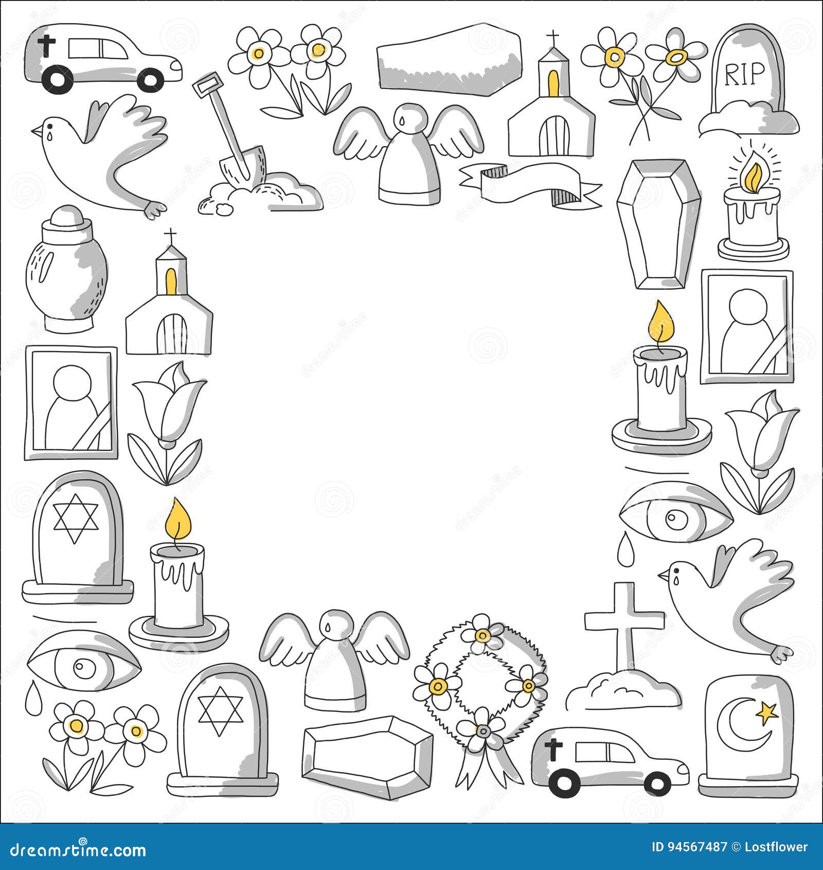 Funeral Thin Line Icon. Set of Funeral Objects Doodle Vector Icons RIP ...