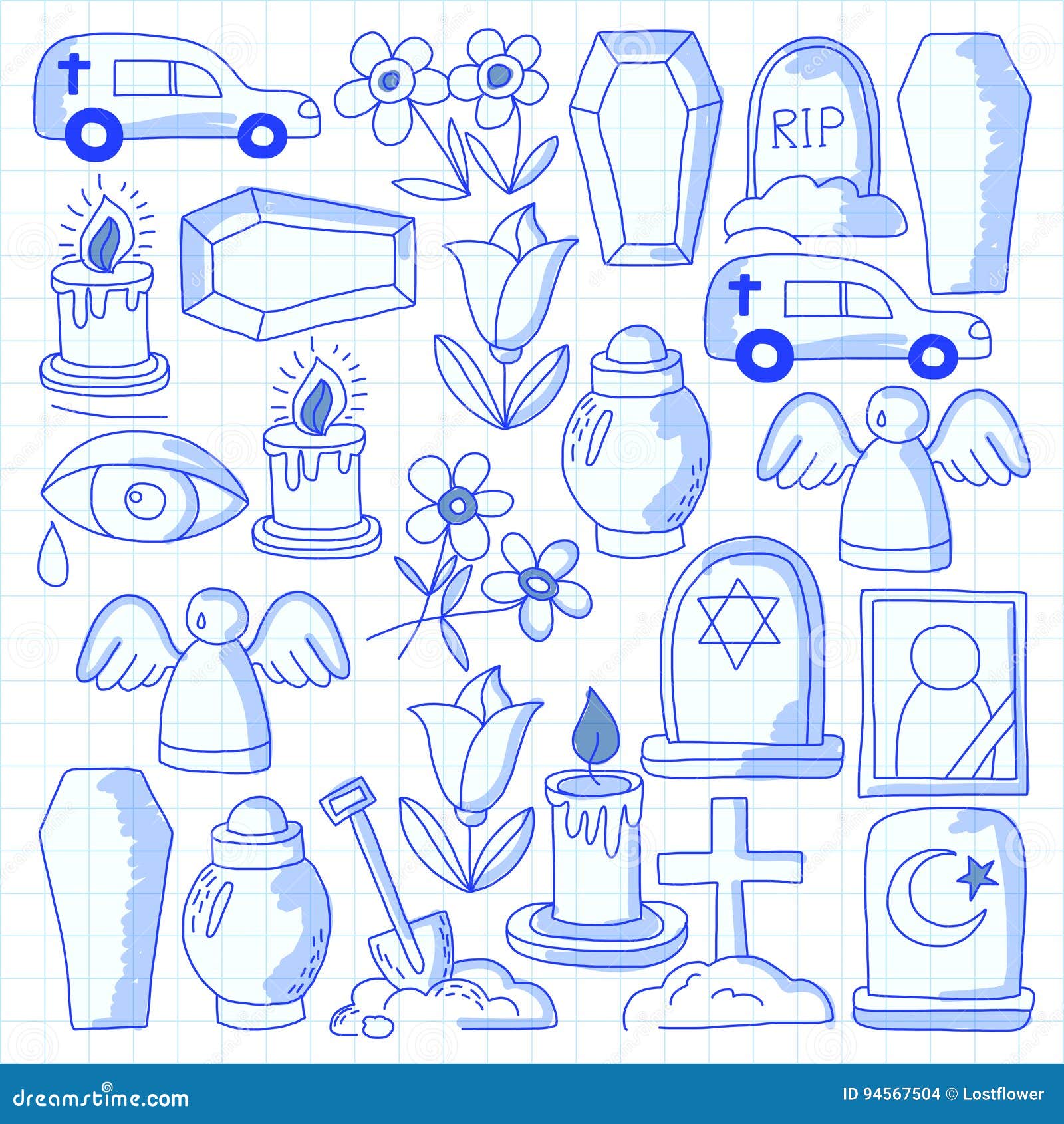 Funeral Thin Line Icon. Set of Funeral Objects Doodle Vector Icons RIP ...