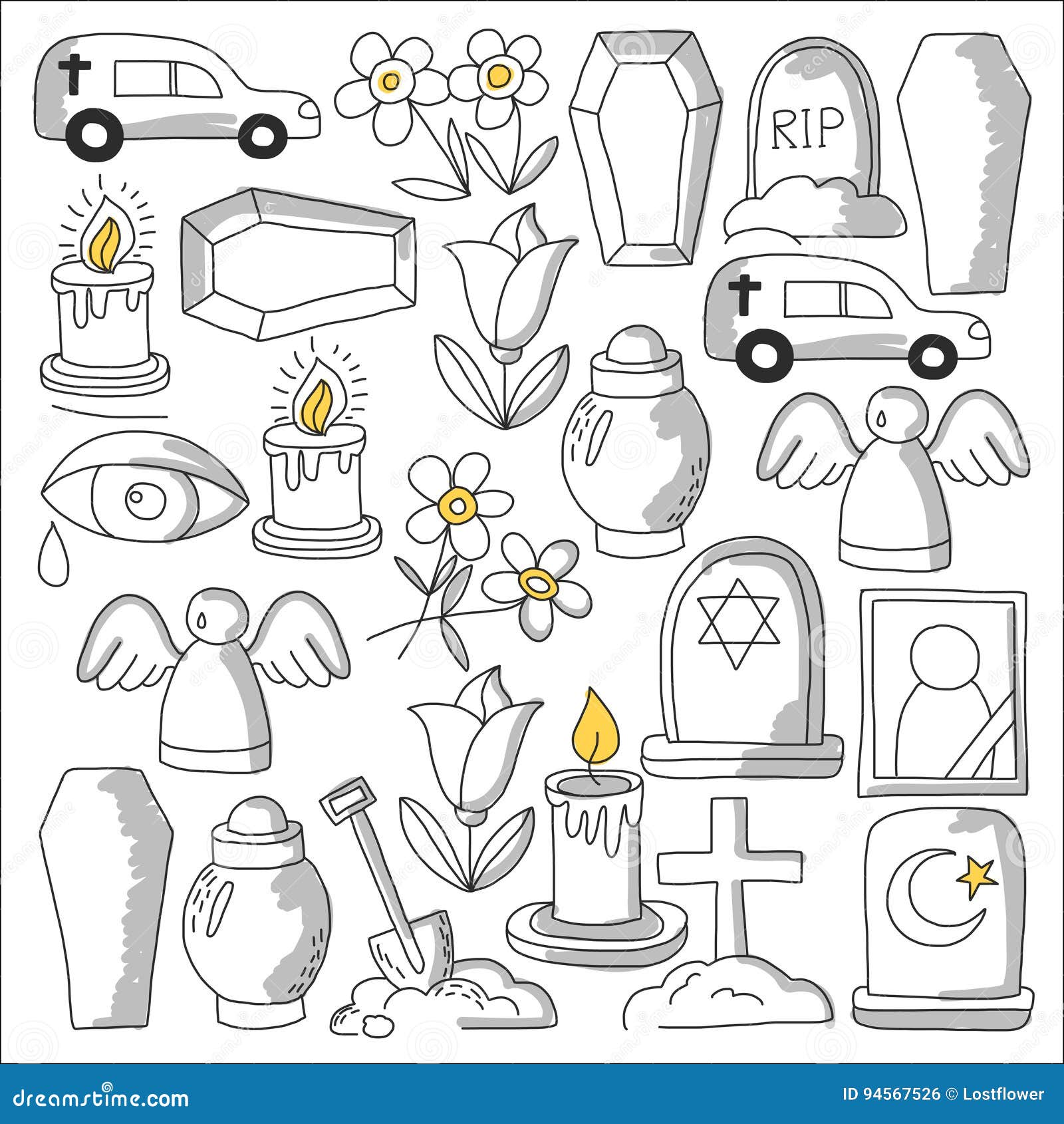 Funeral Thin Line Icon. Set of Funeral Objects Doodle Vector Icons RIP ...