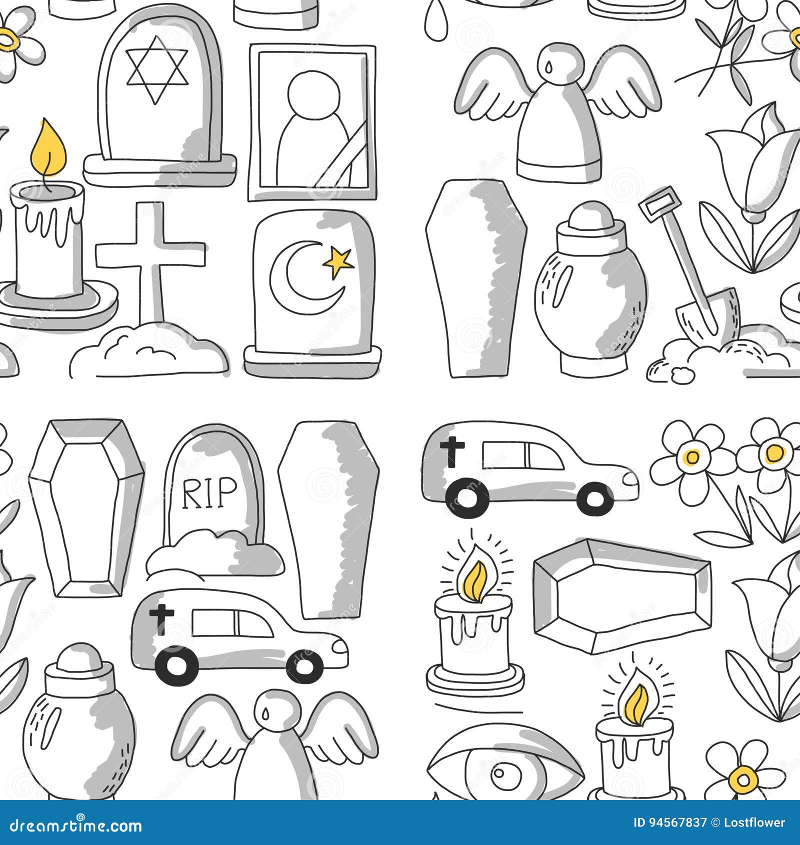 Funeral Thin Line Icon. Set of Funeral Objects Doodle Vector Icons RIP ...