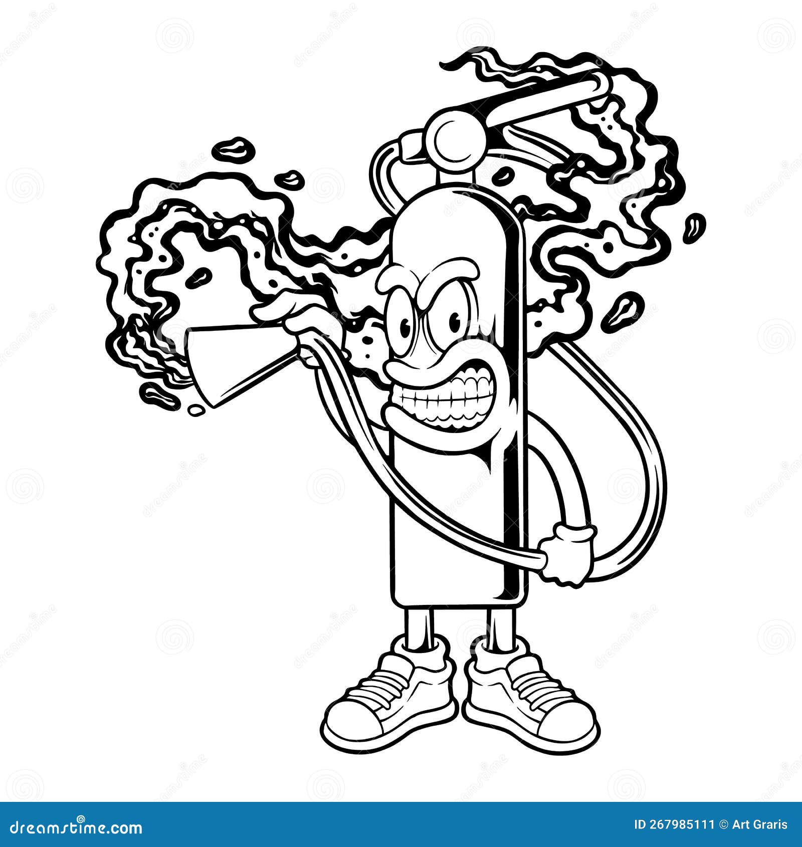 Funky Angry Fire Extinguisher Smoke Effect Outline Vector Illustration