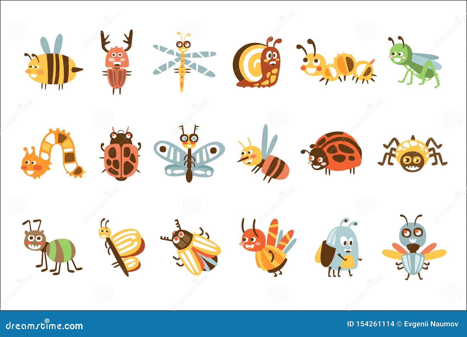 Funky Bugs And Insects Set Of Small Animals With Smiling Faces And ...