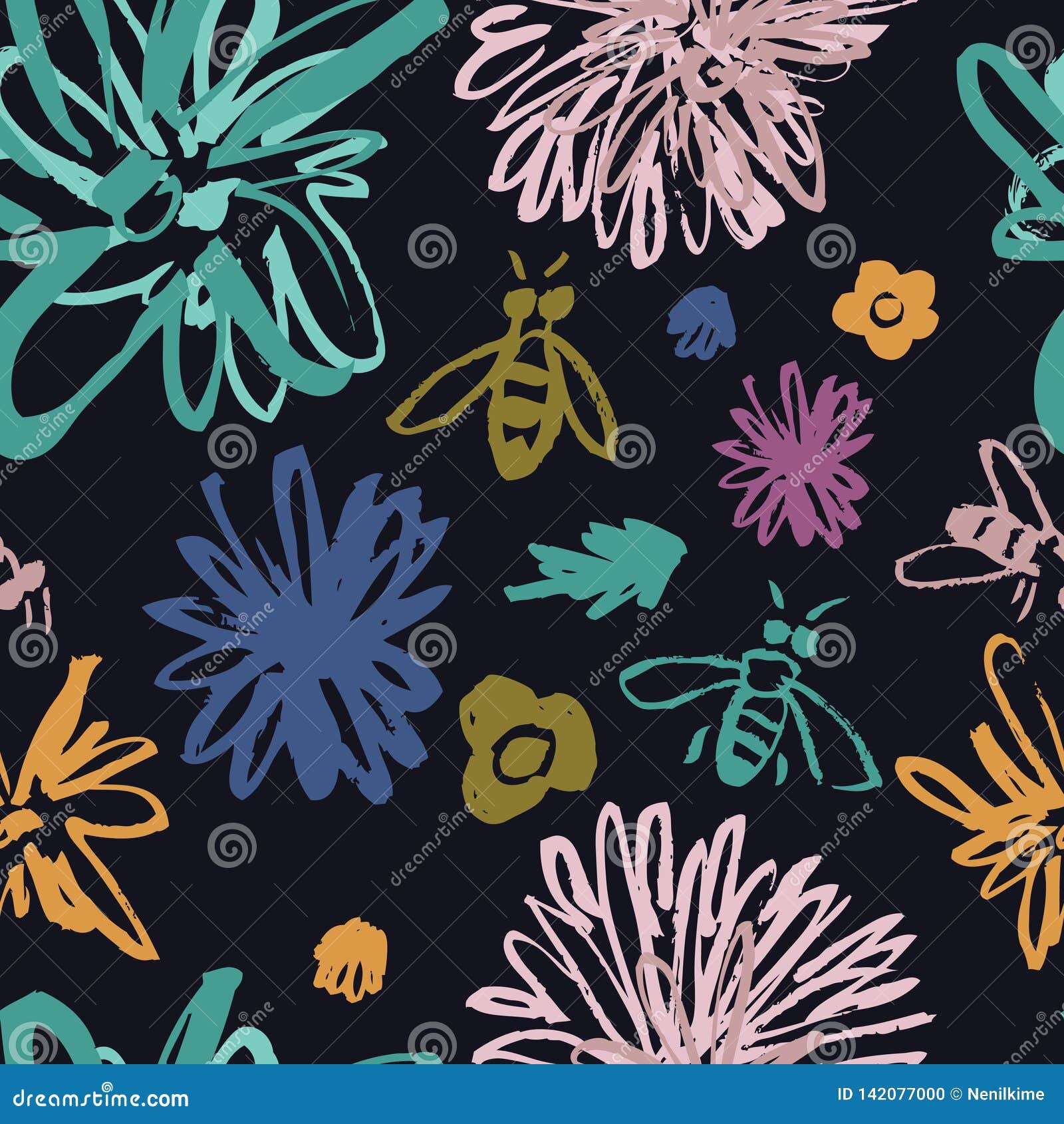 Funky Floral Pattern with Bees Black Background Stock Vector ...