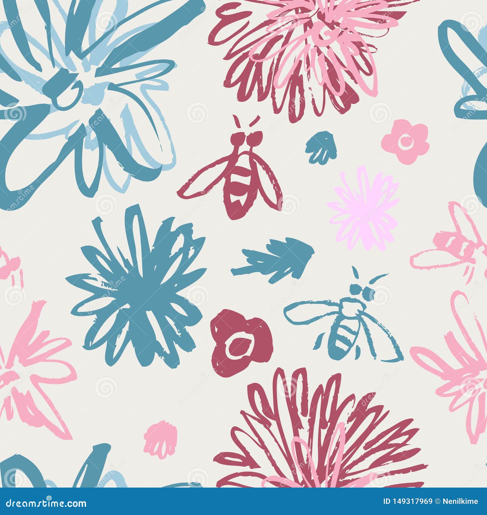 Funky Floral Pattern with Bees Blue and Pink Background Stock Vector ...