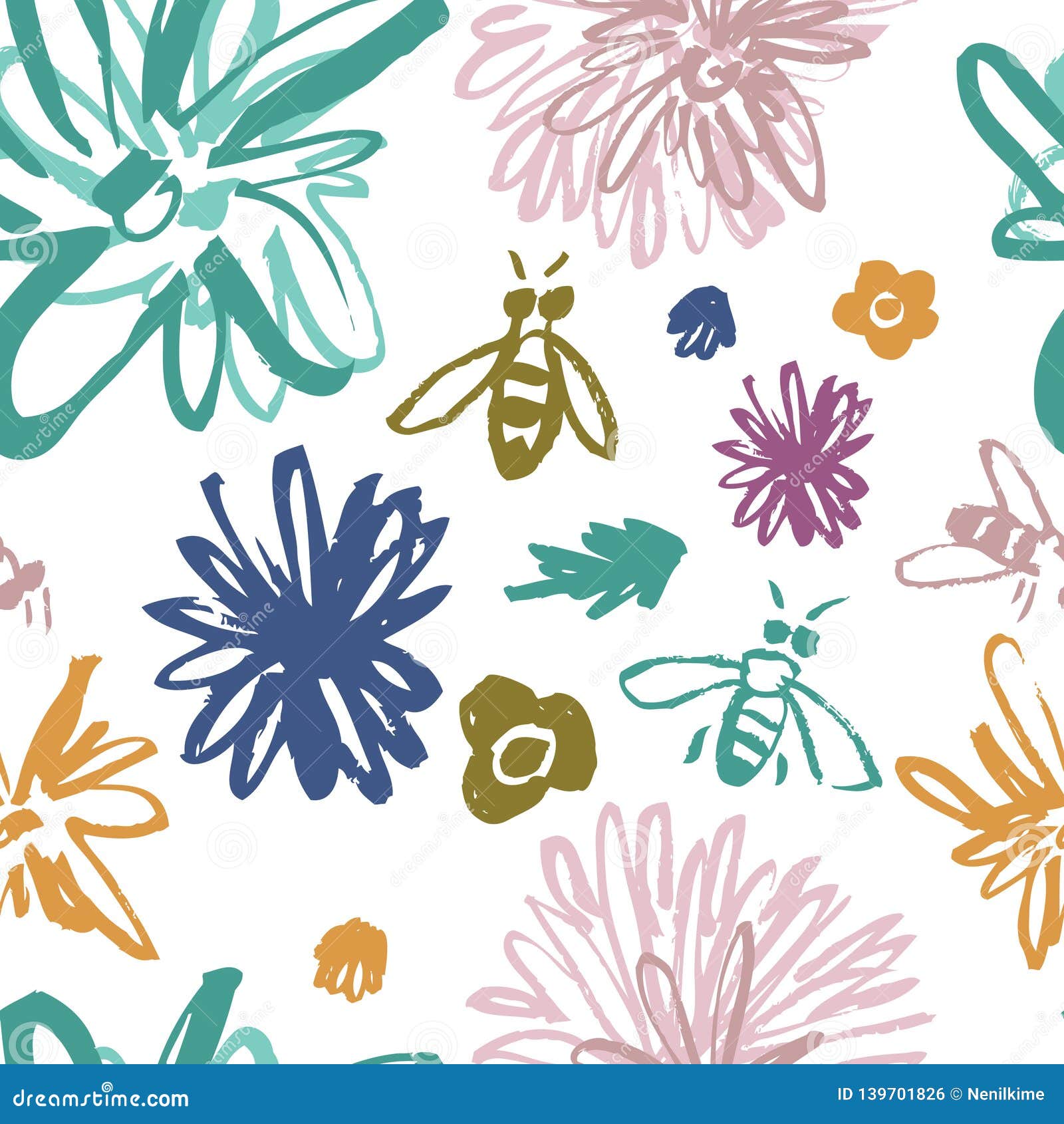 Funky Floral Pattern with Bees Stock Vector - Illustration of ...